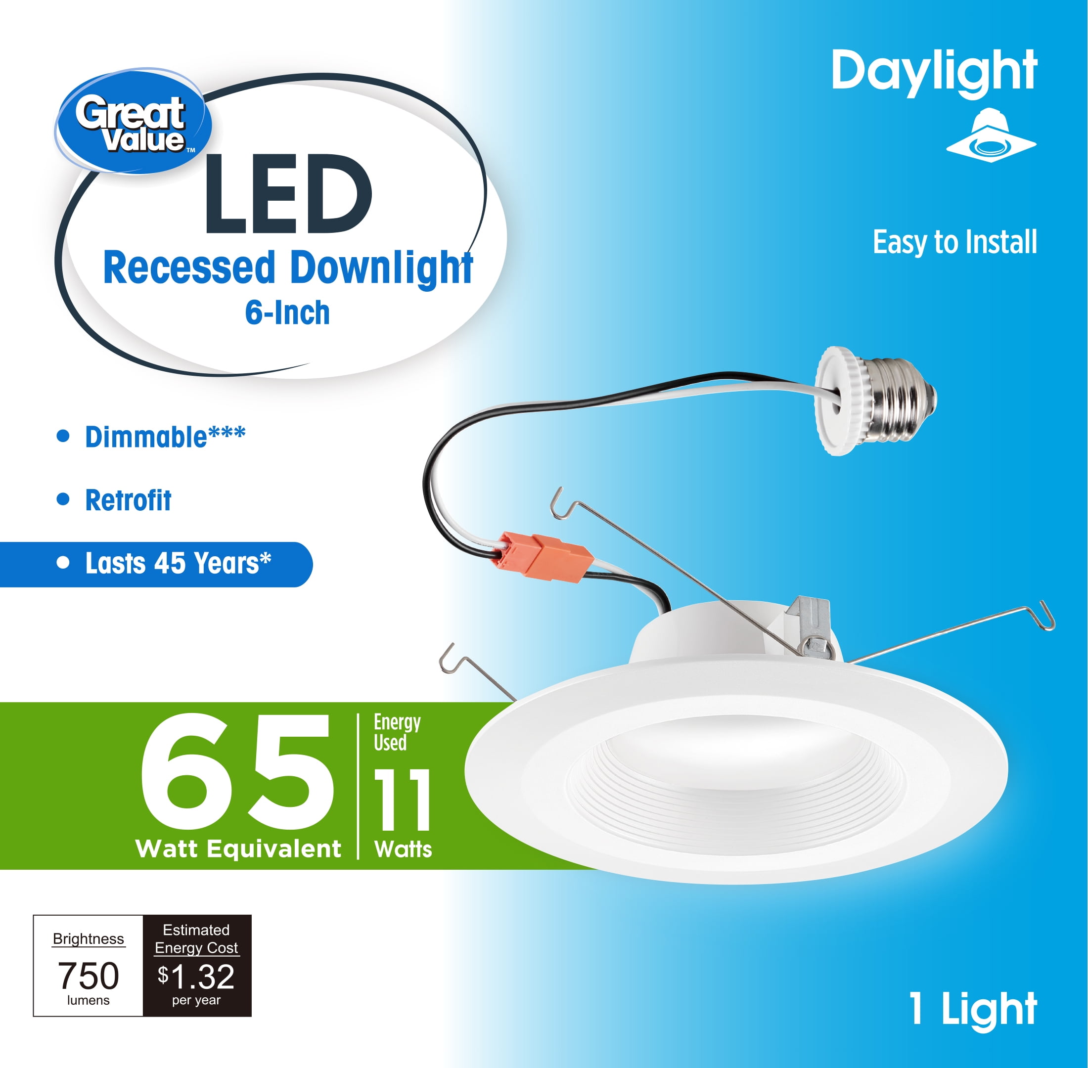Great Value 6" LED Retrofit Downlight, 11-Watt (65W Replacement ...
