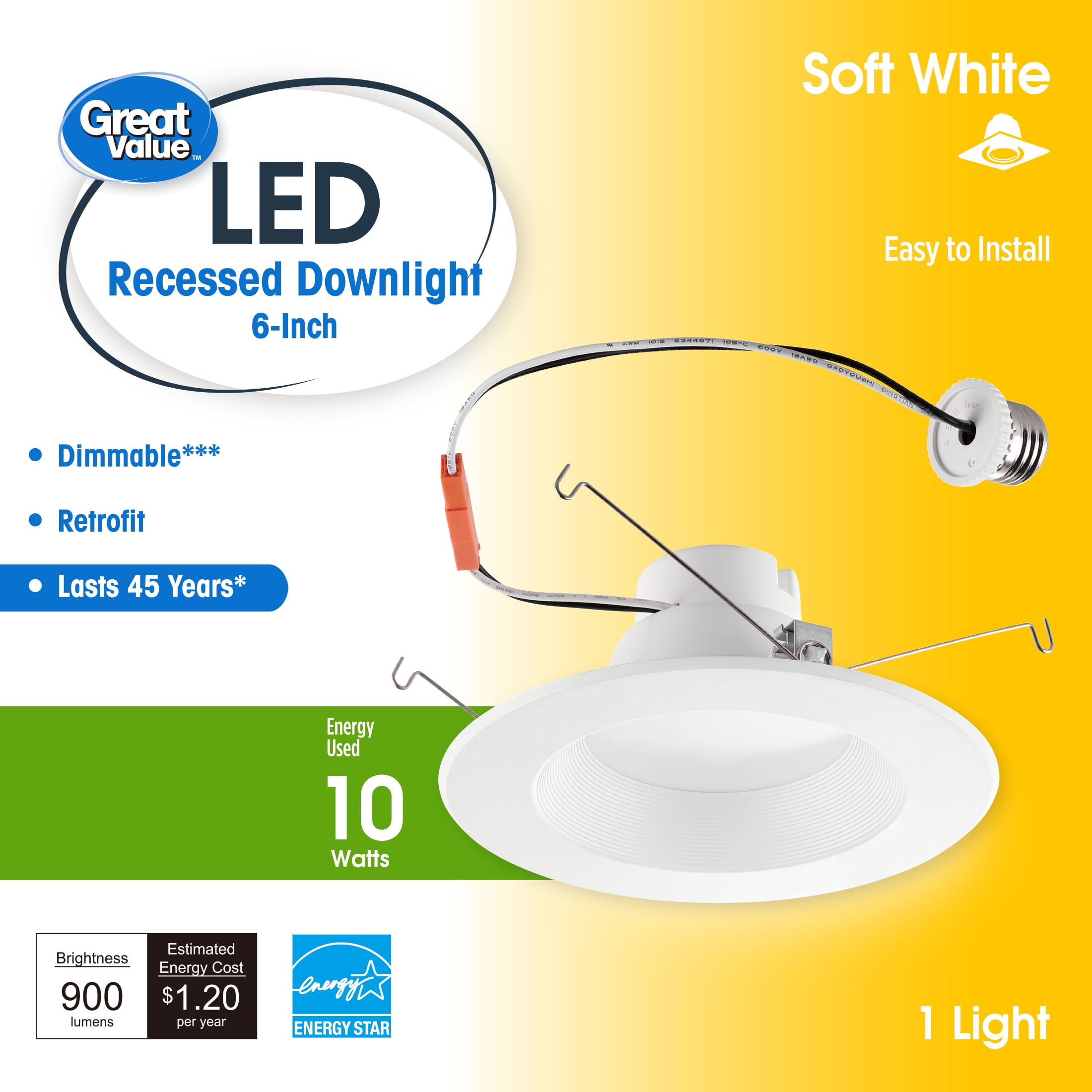 Great Value 6" LED Retrofit Downlight, 10-Watt (65W Replacement) Soft ...