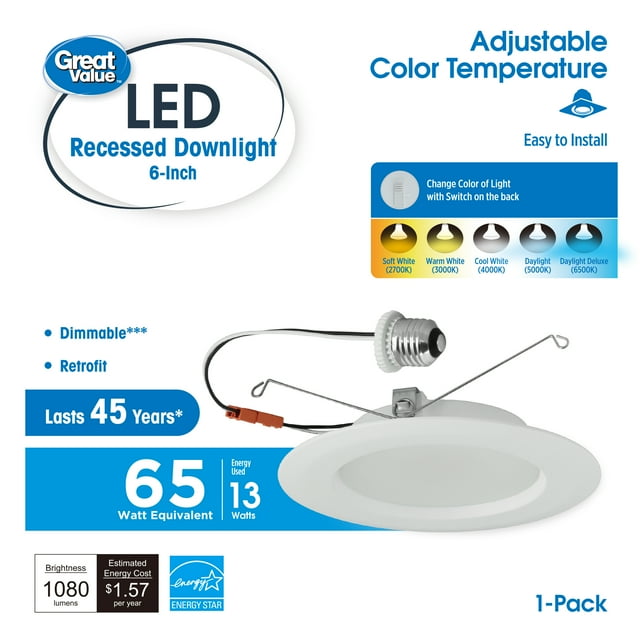 Great Value 6" LED Retrofit Downlight, 13-Watt (65W Replacement) CCT ...