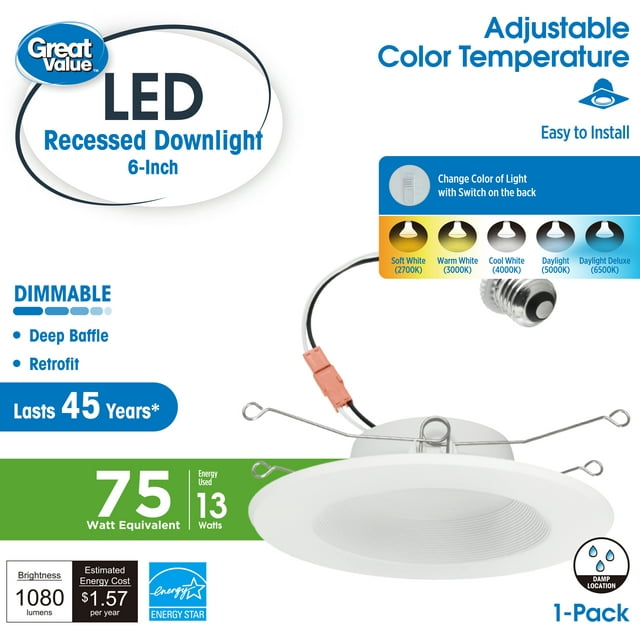 Great Value 6" LED Retrofit Downlight, 13-Watt (75W Replacement) CCT ...