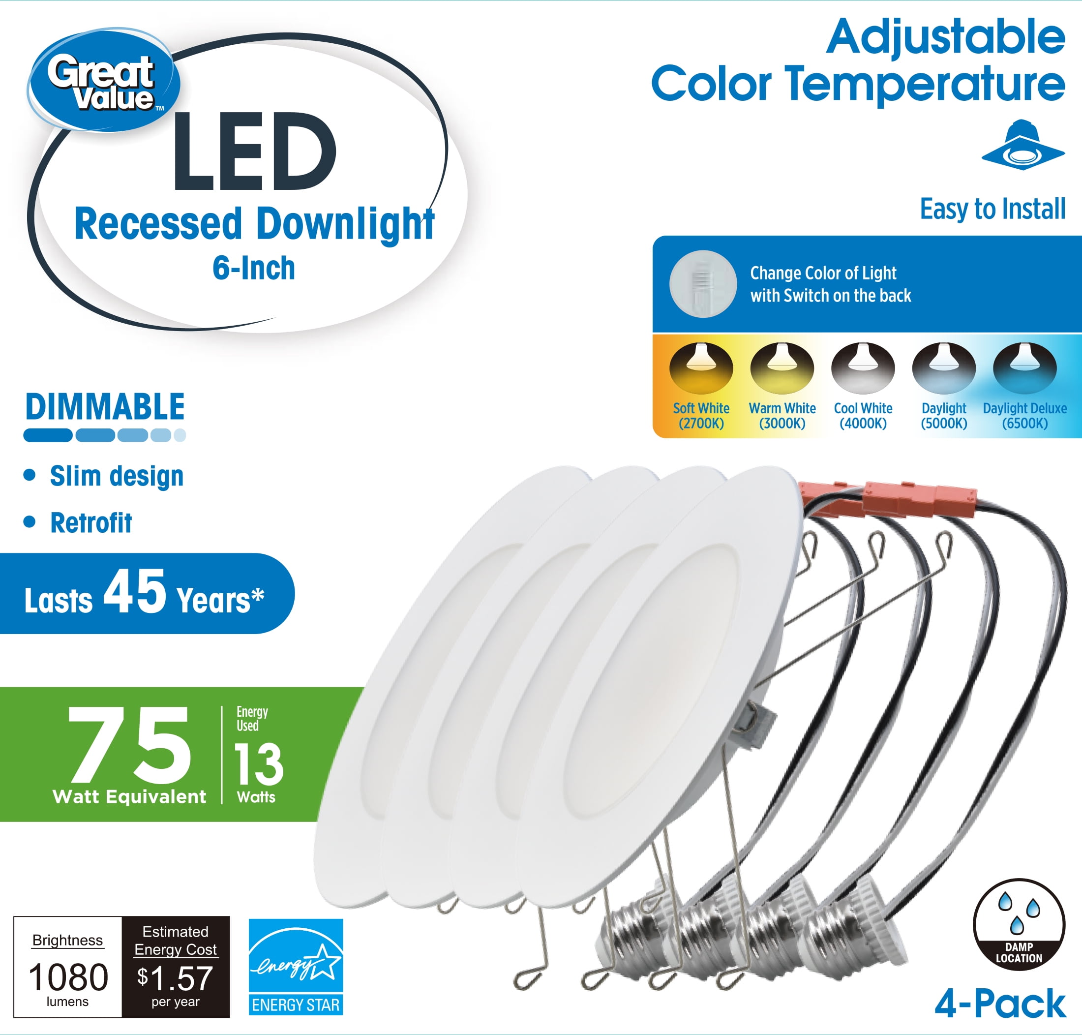 Great Value 6" LED Slim Retrofit Downlight, 13-Watt(75W Replacement ...