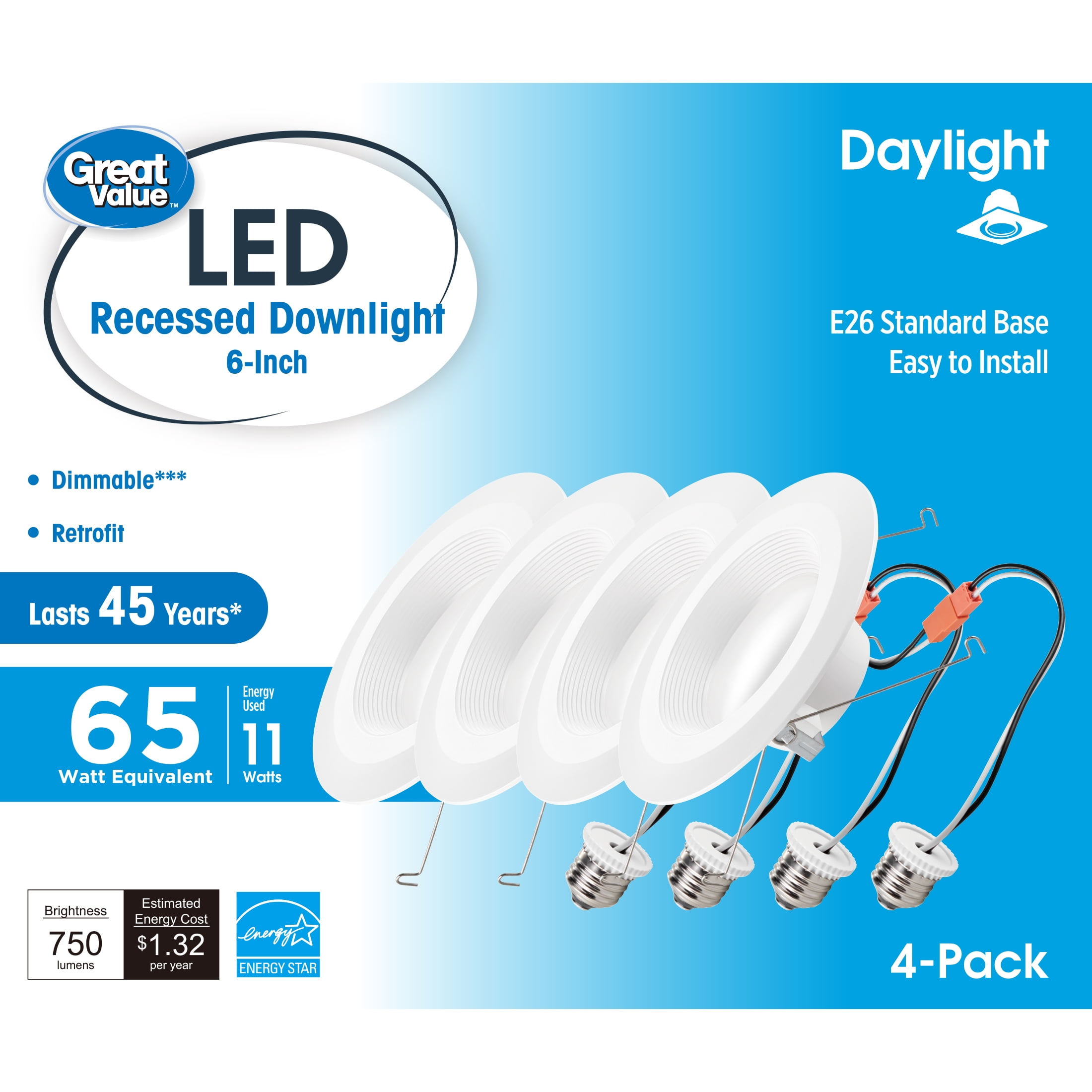 Great Value 6” Plastic Dimmable Recessed Lighting (4 Count) - Walmart.com