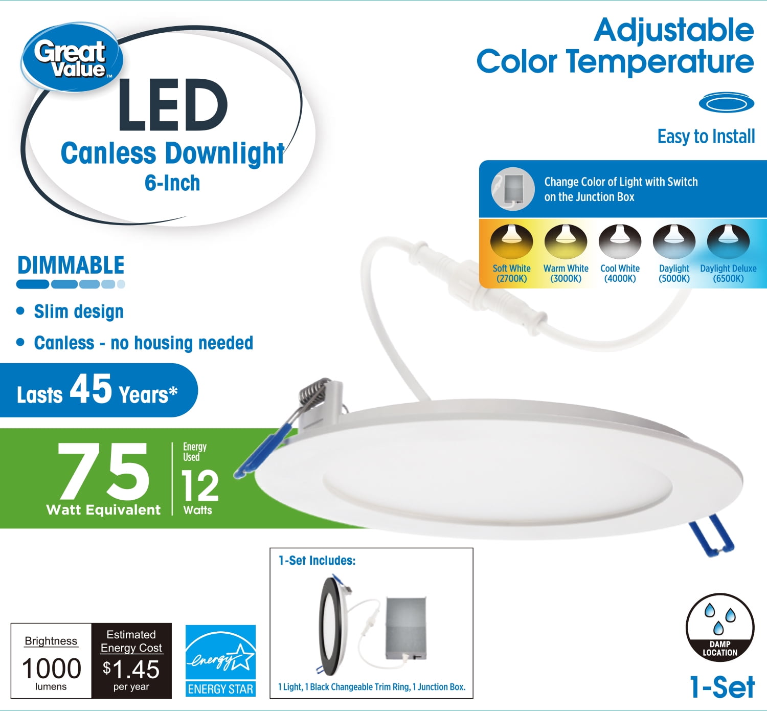 Great Value 6" LED Canless Downlight, 12-Watt (75W Replacement) CCT ...