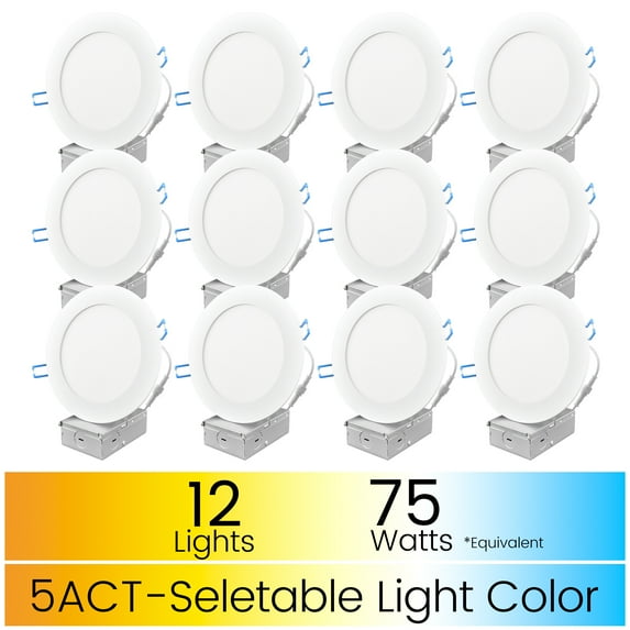 Great Value 6" LED Canless Downlight, 12-Watt (75W Replacement) CCT Selectable with J Box, 12 ...