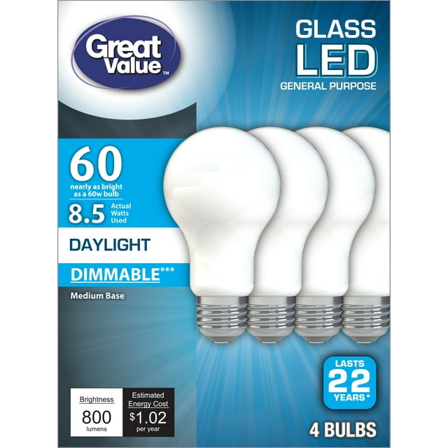 Great Value 60w Glass LED Daylight Light Bulb, 22 year, Dimmable ...