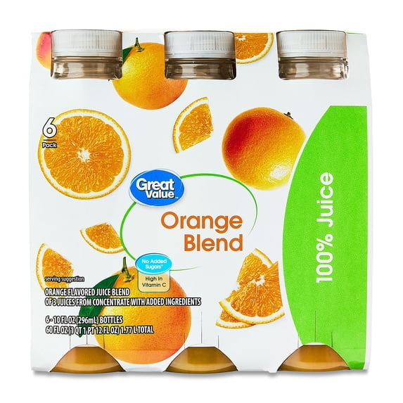 Great Value 100% Juice Orange Blend, 10 fl oz Bottles, 6 Count, No ...