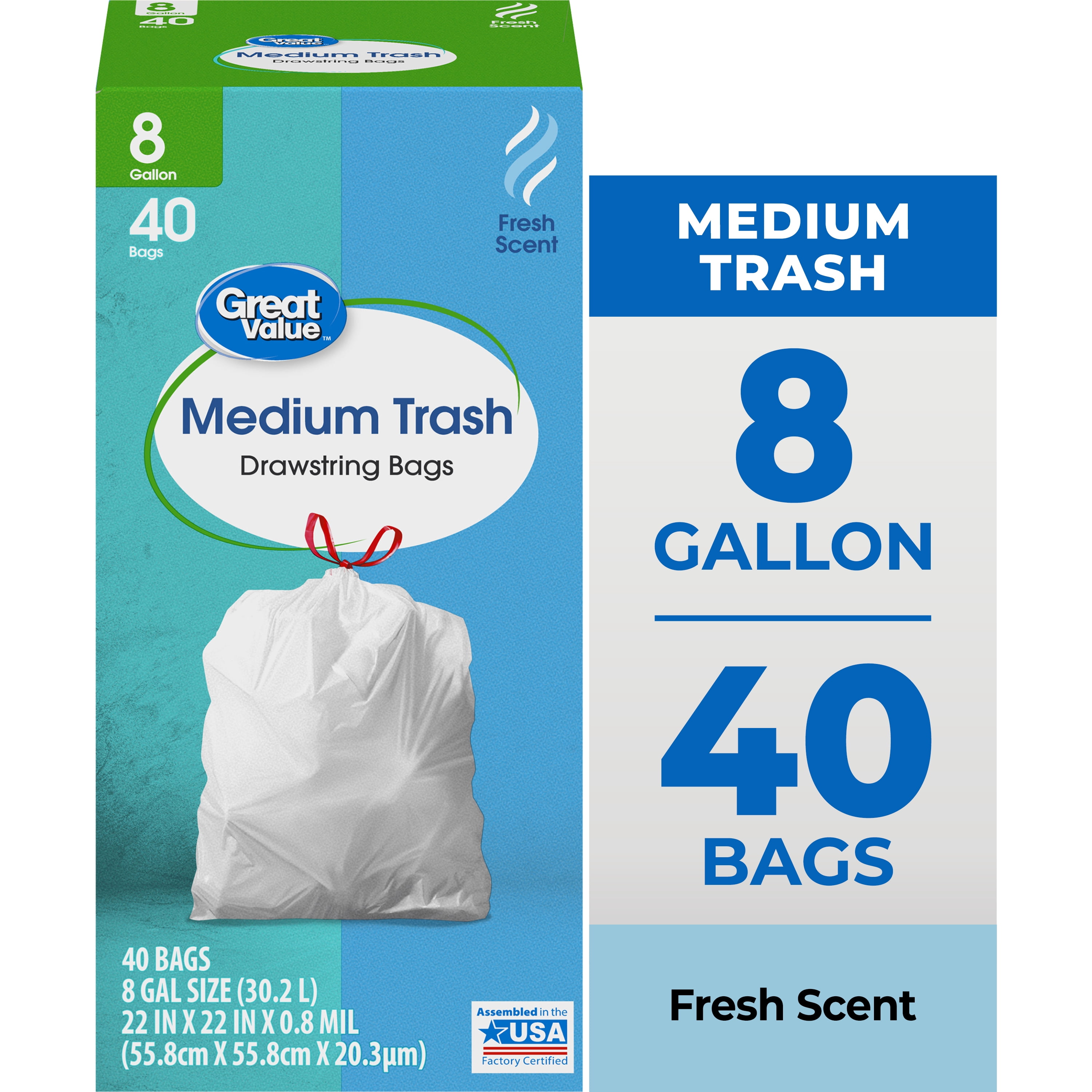 Great Value 8-Gallon Drawstring Trash Bags with Fresh Scent, Medium ...
