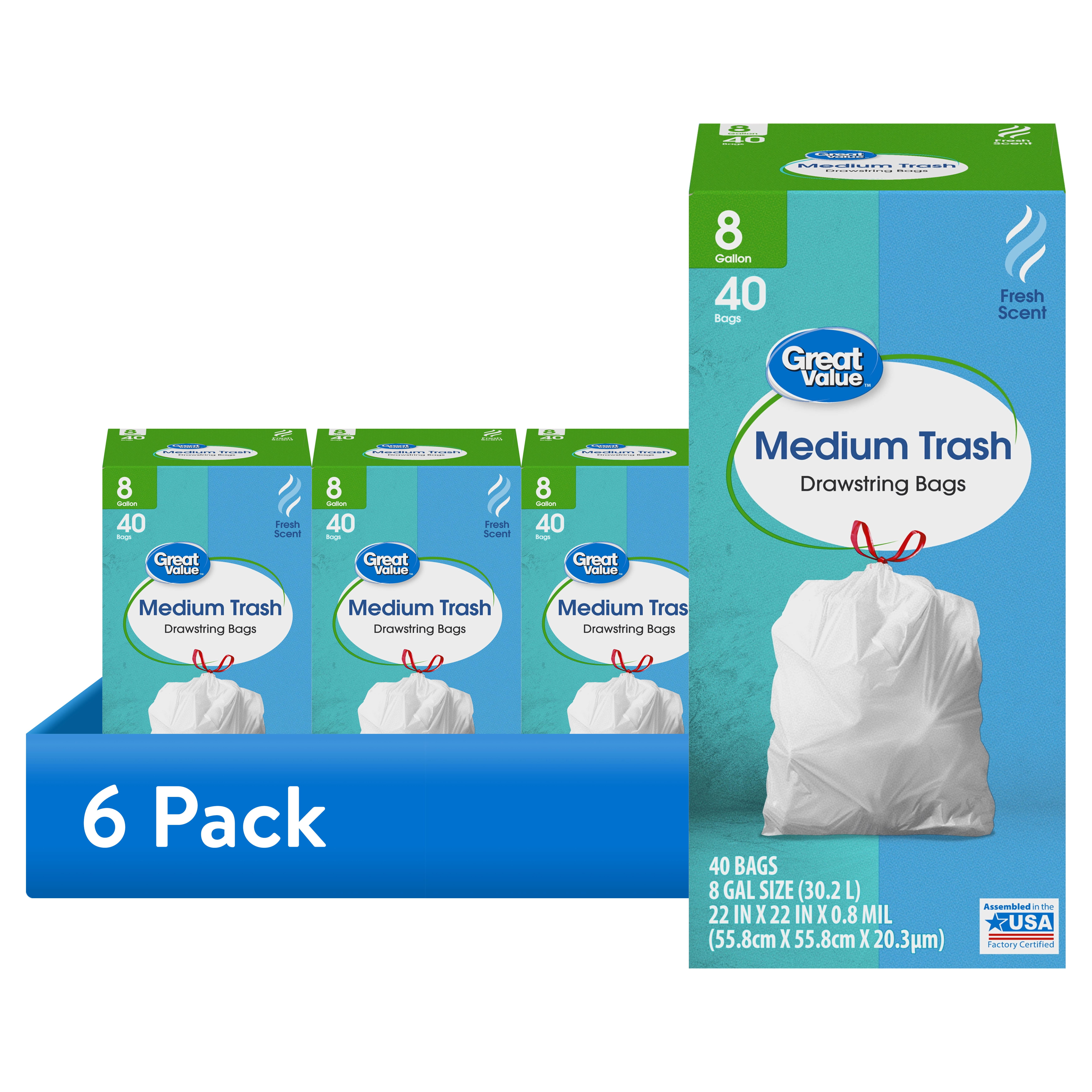 (6 pack) Great Value 8-Gallon Drawstring Medium Trash Bags, Fresh Scent ...