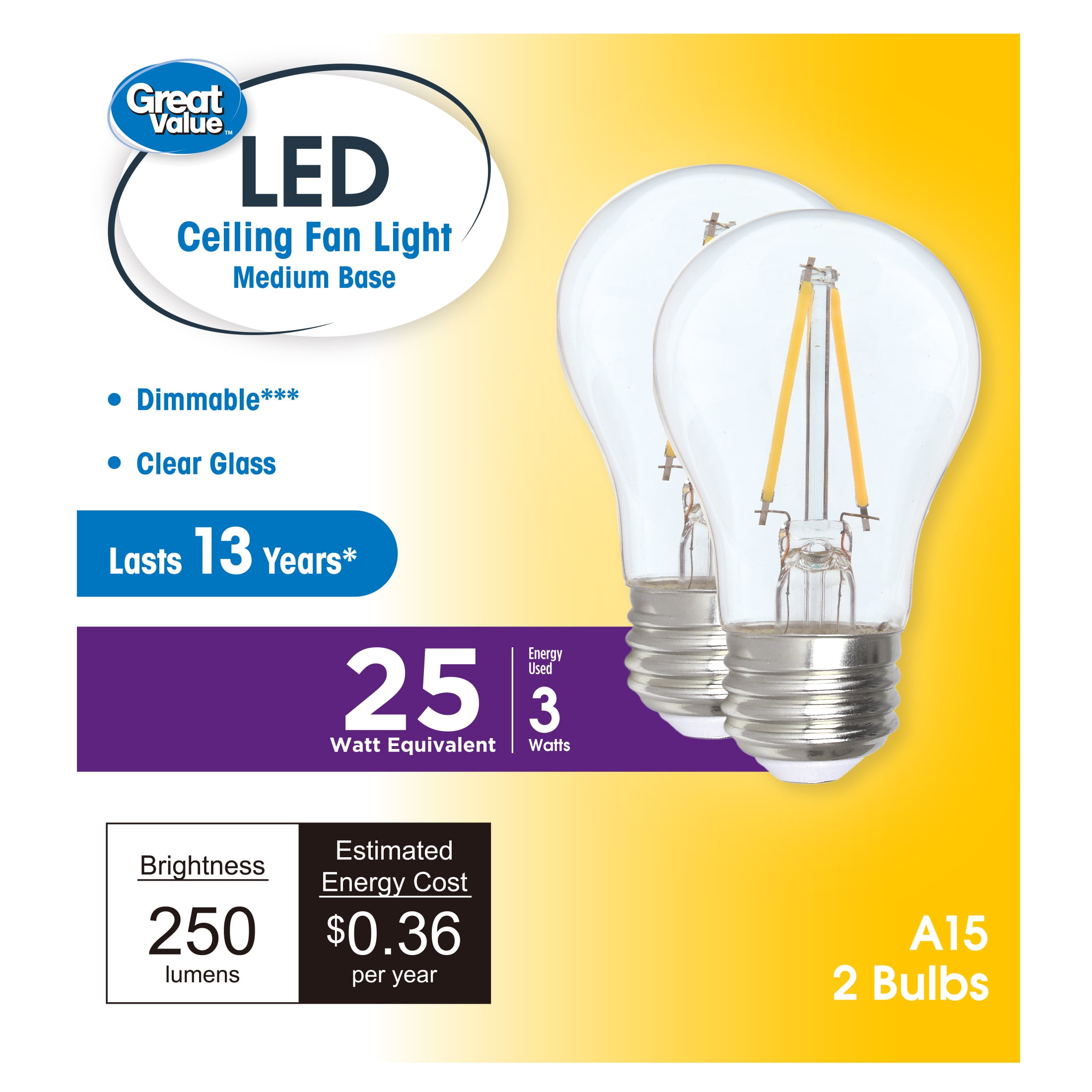 Great Value LED A15 Ceiling Fan Bulb 3W Dimmable Soft White E26 2 Pack ...