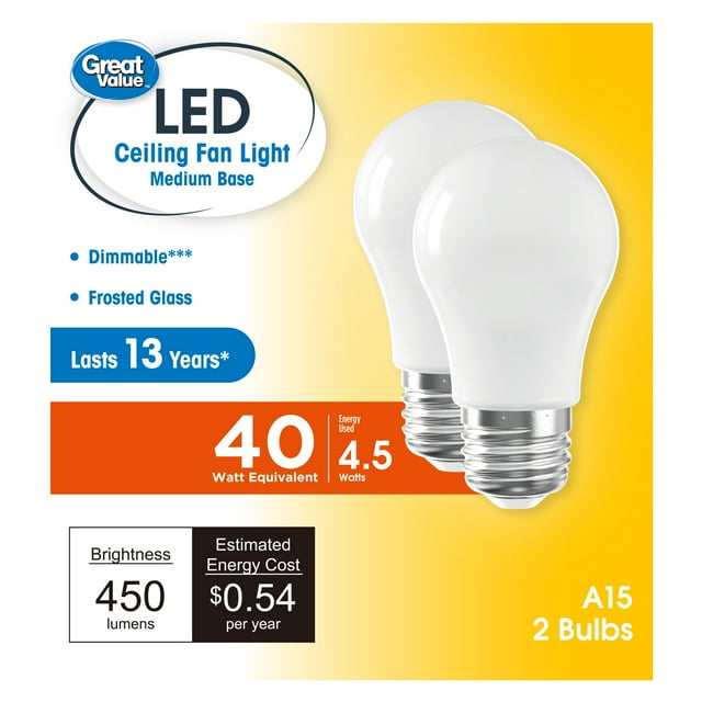 Great Value A15 LED Ceiling Fan Light Bulb, 4.5-Watt (40W Equivalent ...