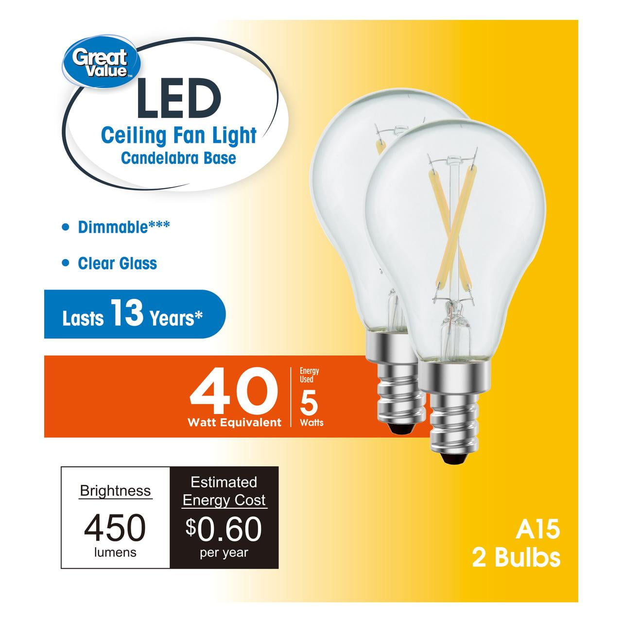 Great Value A15 LED Ceiling Fan Light Bulb, 5-Watt (40W Equivalent ...
