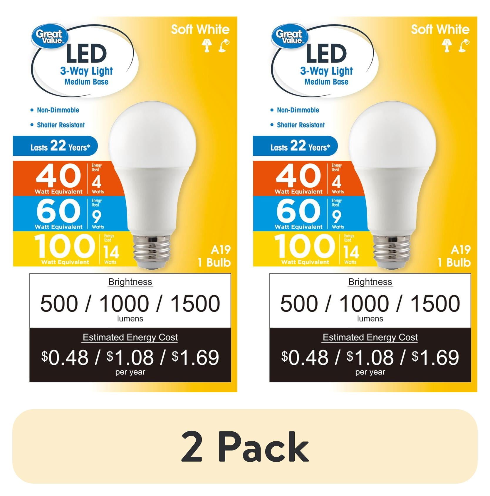 (2 pack) Great Value A19 3-Way LED Light Bulb, 40/60/100 Watts Tunable ...