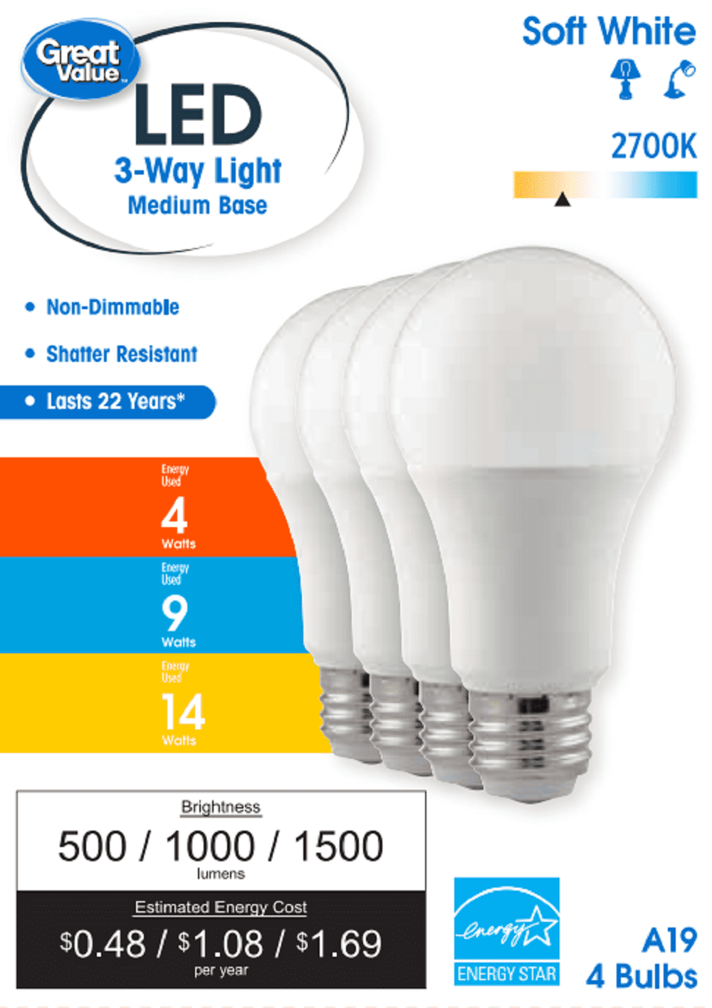 Great Value A19 3-Way LED Light Bulb, 40/60/100 Watts Tunable, Soft ...