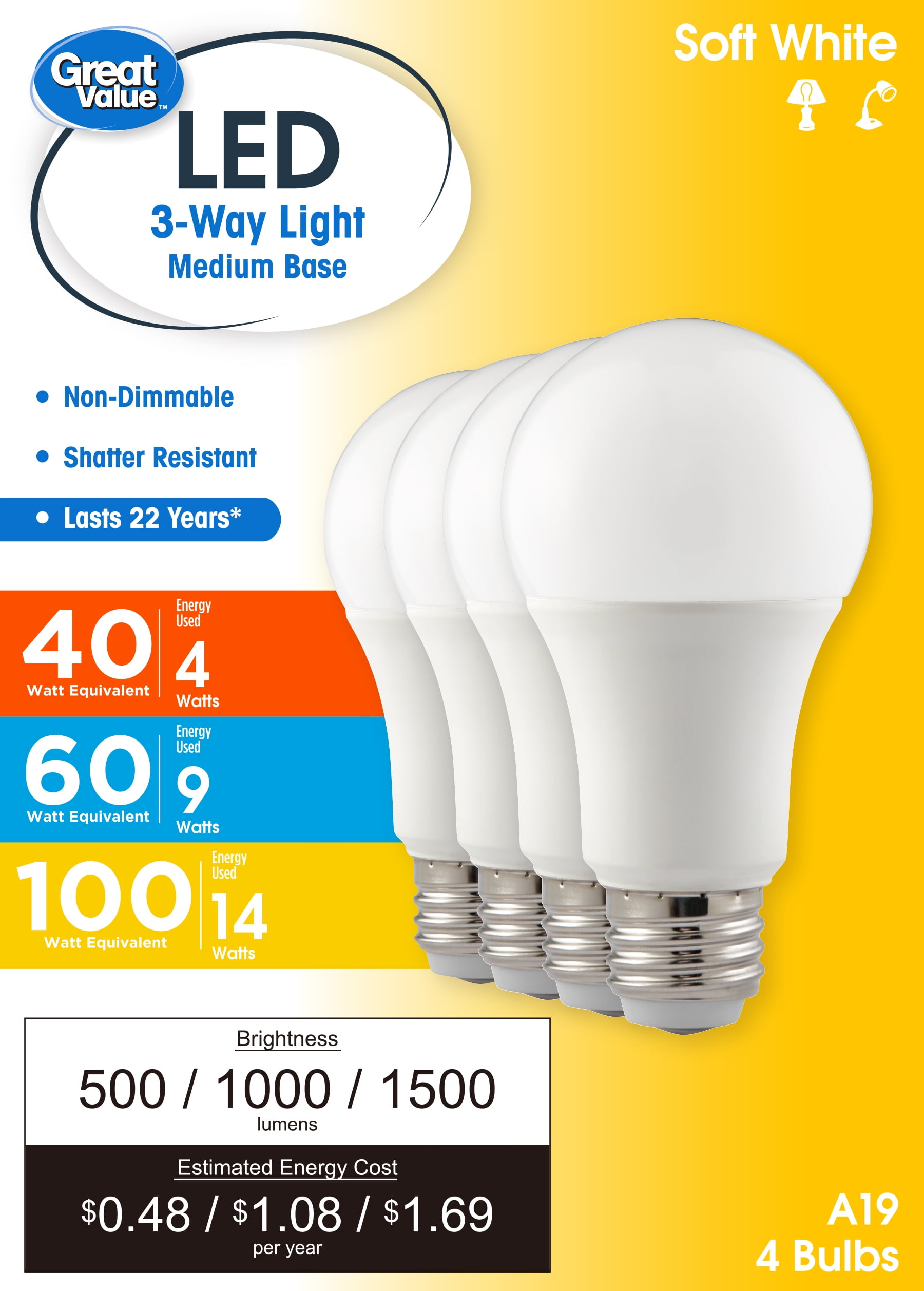 Great Value A19 3-Way LED Light Bulb, 40/60/100 Watts Tunable, Soft White, E26 Medium Base (4 ...