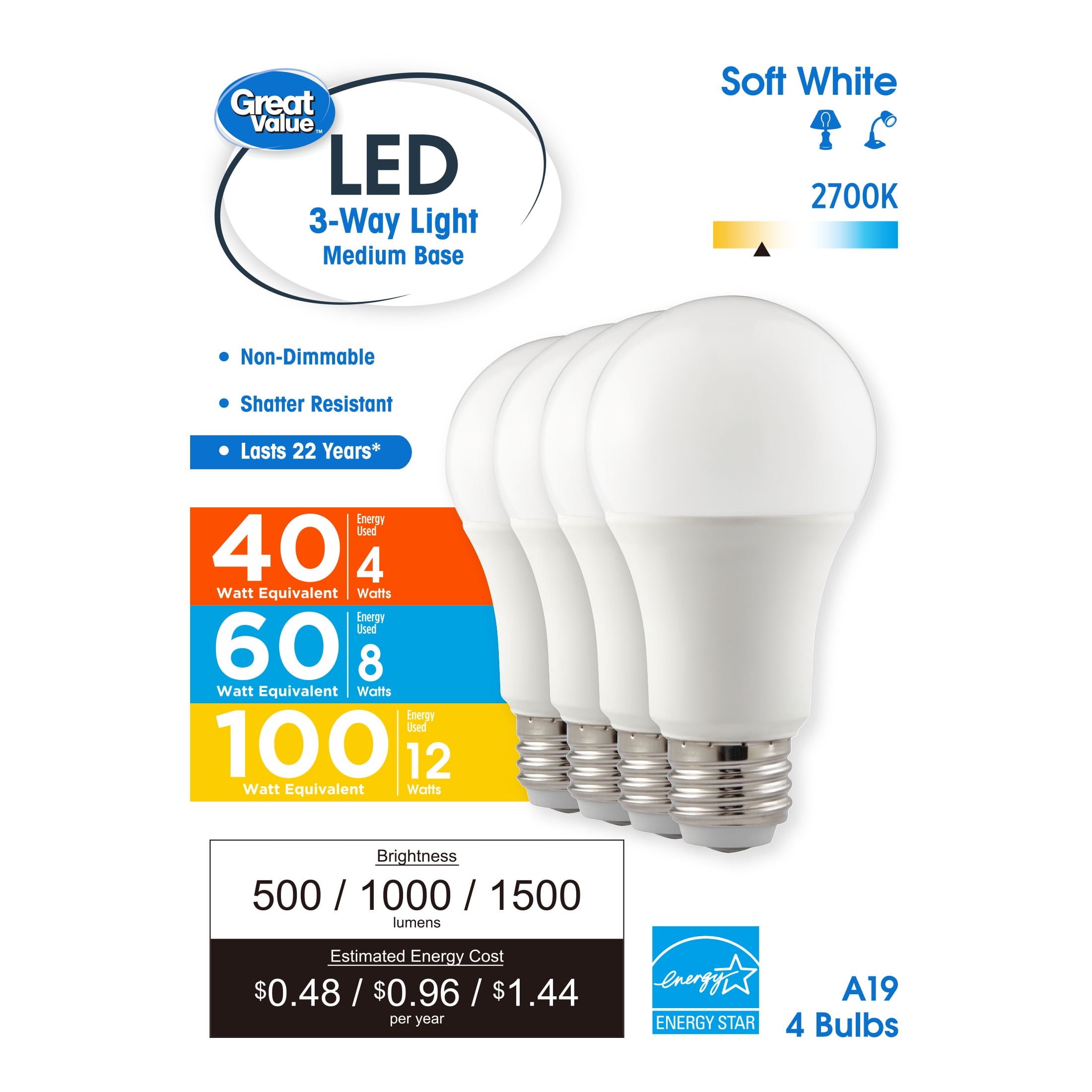 Great Value A19 3-Way LED Light Bulb, 40W/60W/100W Tunable, Soft White ... Great Value A19 3-Way LED Light Bulb, 40W/60W/100W Tunable, Soft White ...