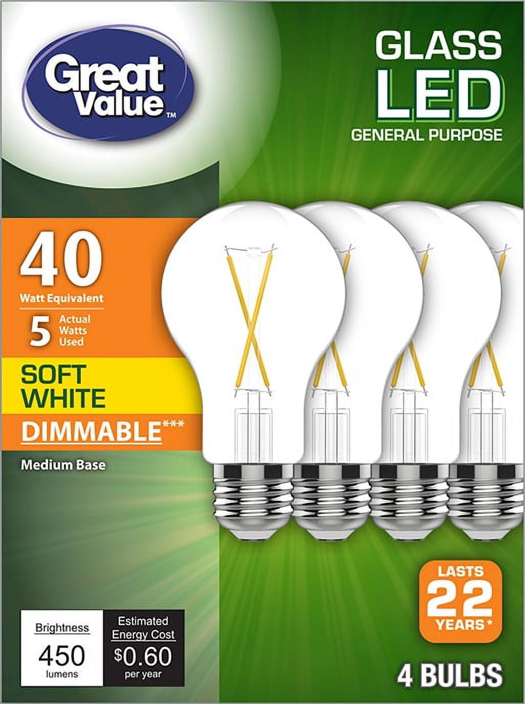 Great Value A19 Clear General Purpose LED Light Bulb, 40W Replacement ...
