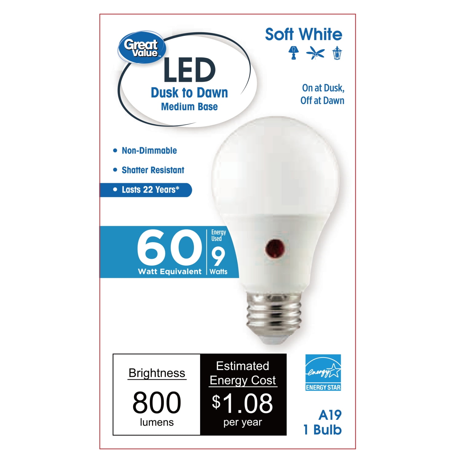 Great Value A19 Dusk to Dawn Auto On/Off LED Light Bulb, 9-Watt (60W ...