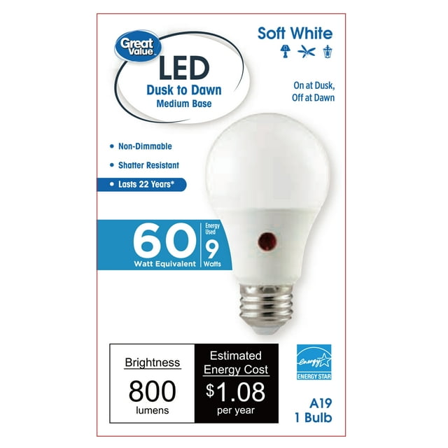 Great Value A19 Dusk to Dawn Auto On/Off LED Light Bulb, 9-Watt (60W ...