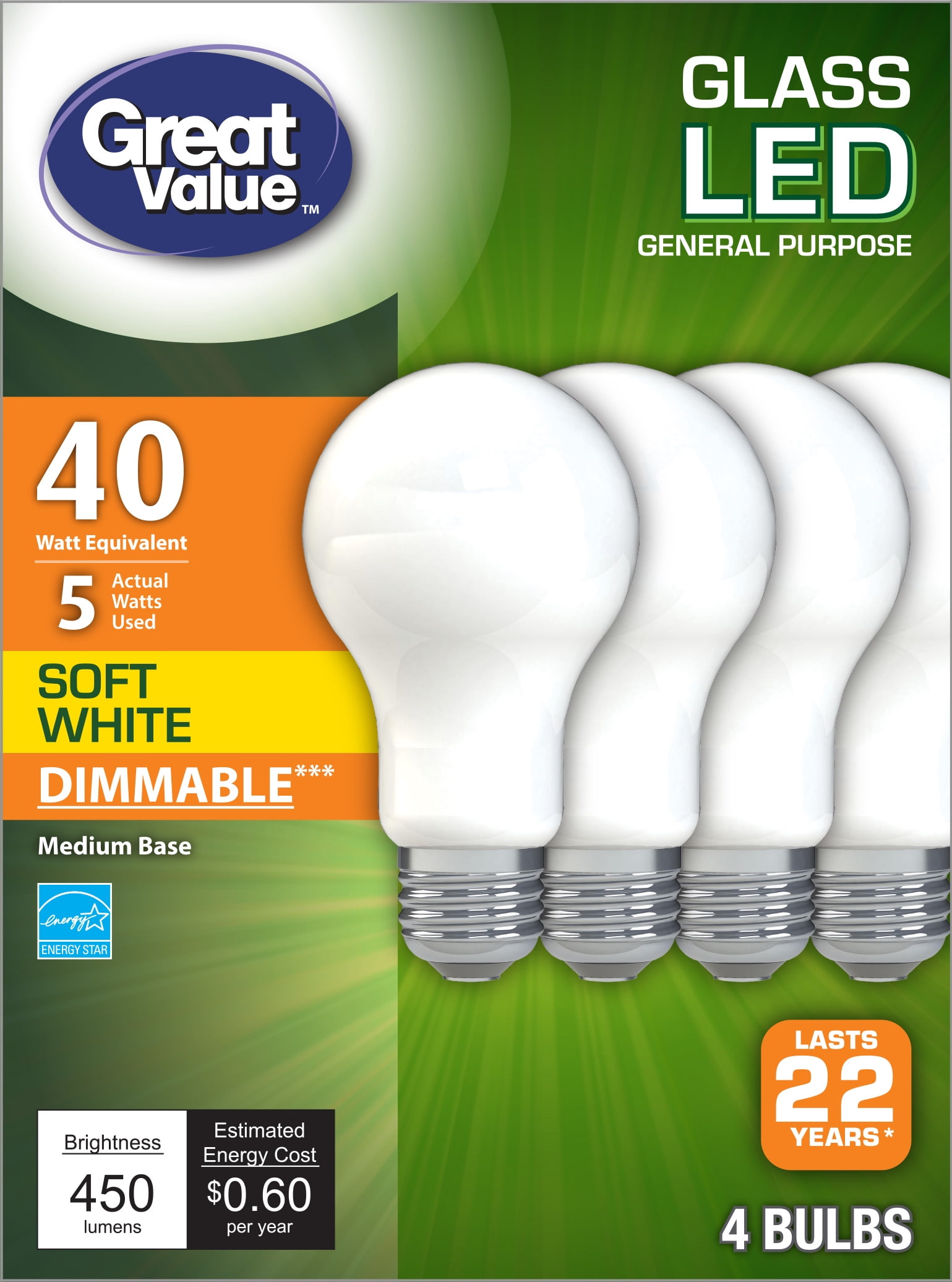 Great Value A19 Frosted General Purpose LED Light Bulb, 40W Replacement ...
