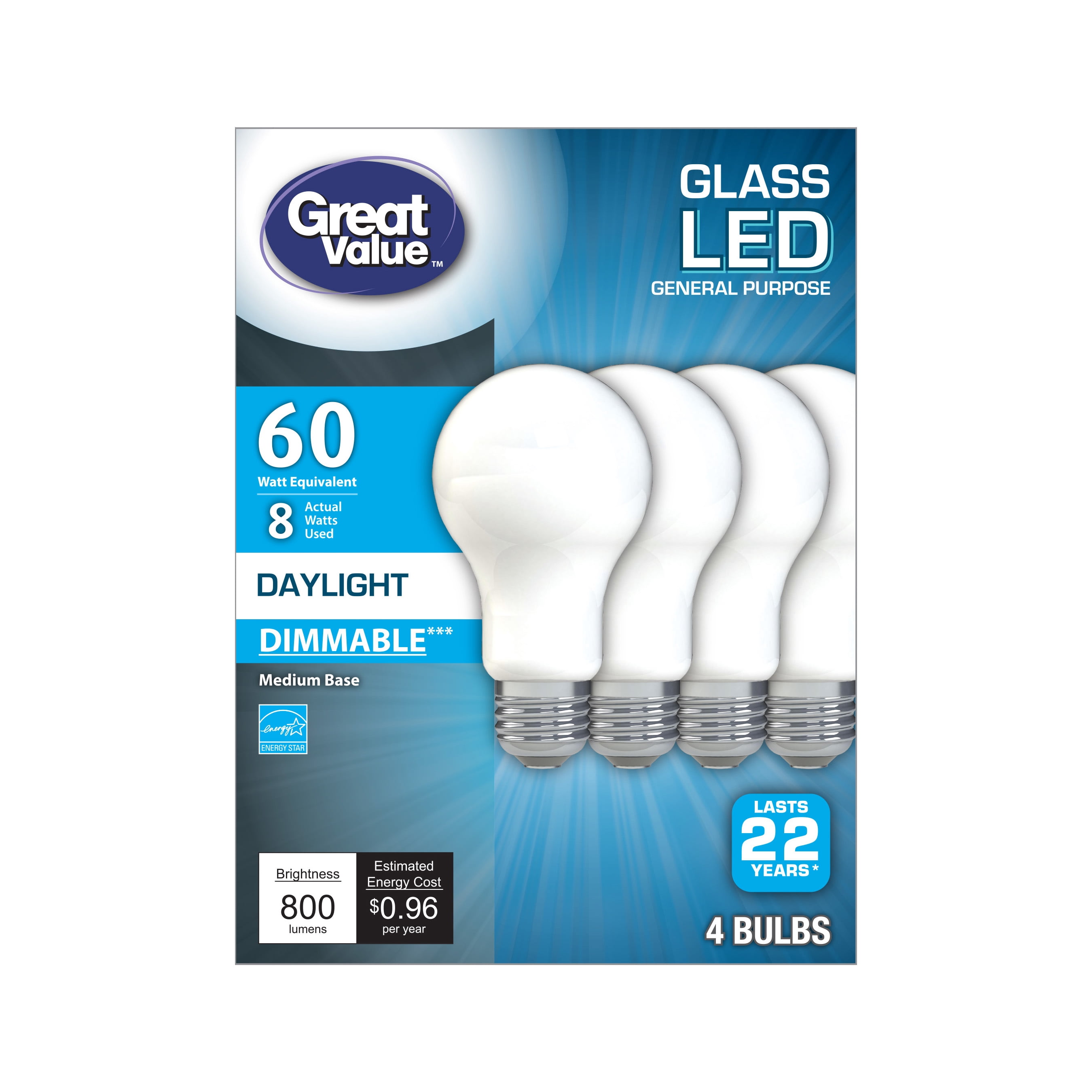 Great Value A19 Frosted General Purpose LED Light Bulb, 60W Replacement ...