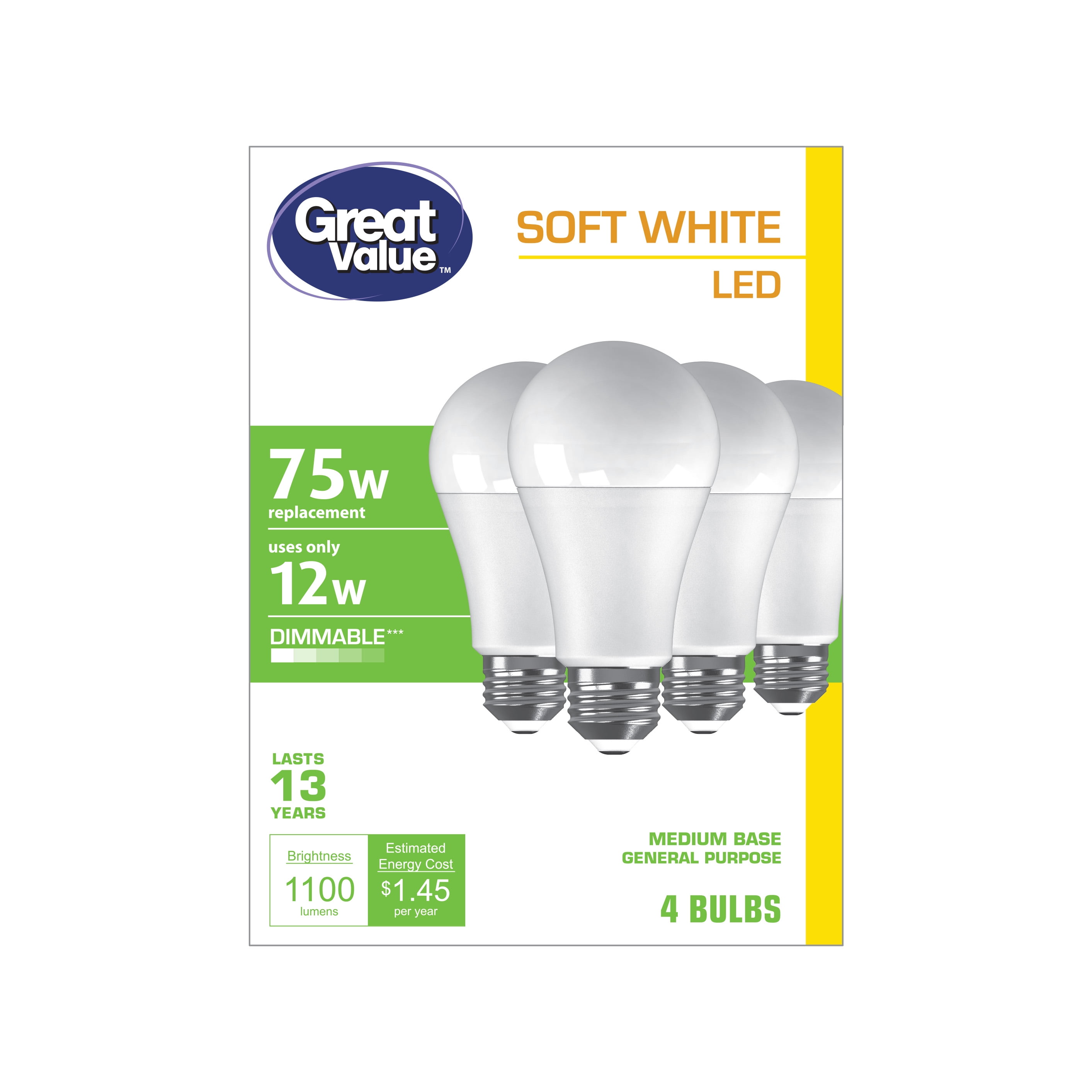 Great Value A19 Frosted Indoor General Purpose LED Light Bulb, 75W ...