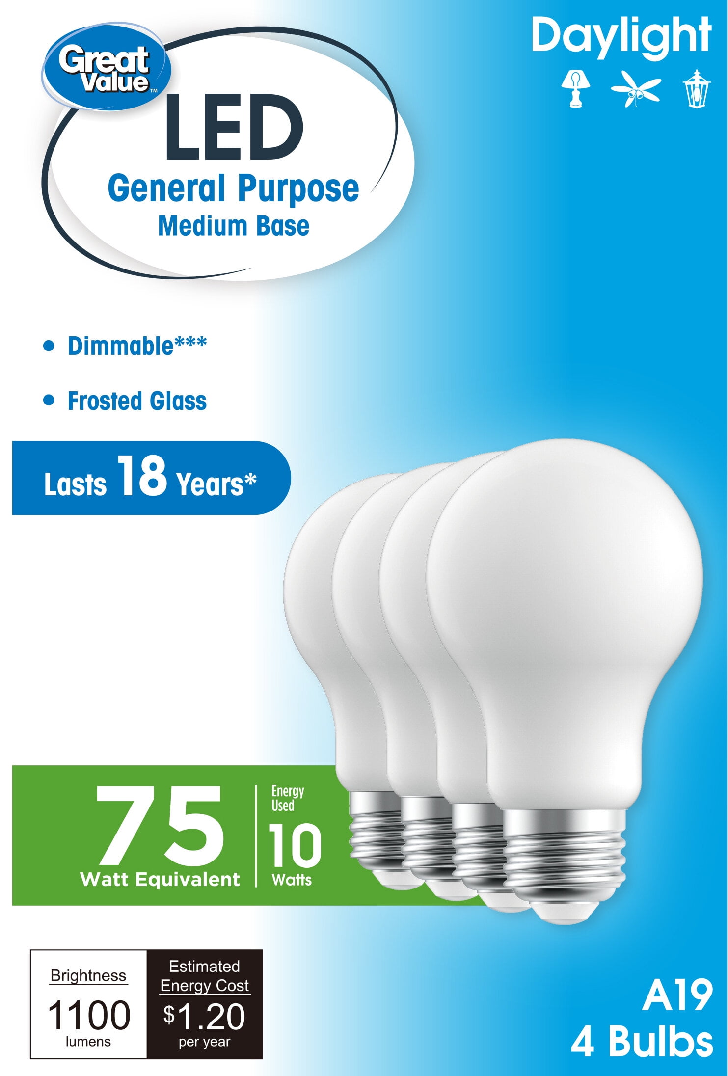 Great Value 18YR A19 LED Light Bulb, 10W (75W Equivalent) Dimmable ...
