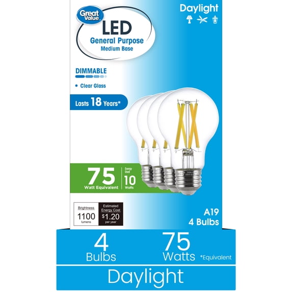 Great Value 18YR A19 LED Light Bulb 10W Dimmable Daylight E26 Medium ...