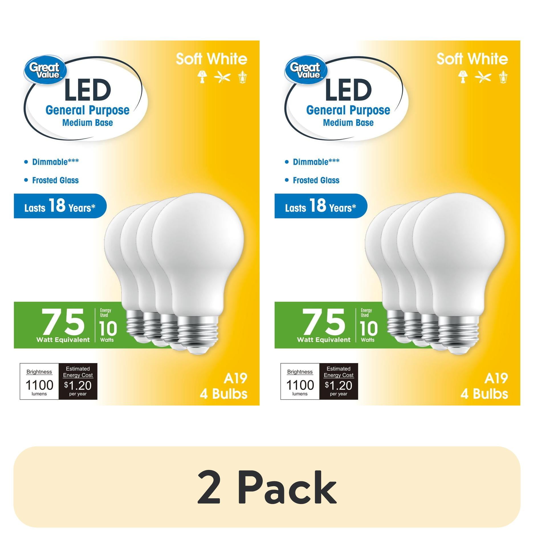 (2 pack) Great Value A19 LED Light Bulb, 10W (75W Equivalent) Dimmable Soft White E26 Base (4 ...