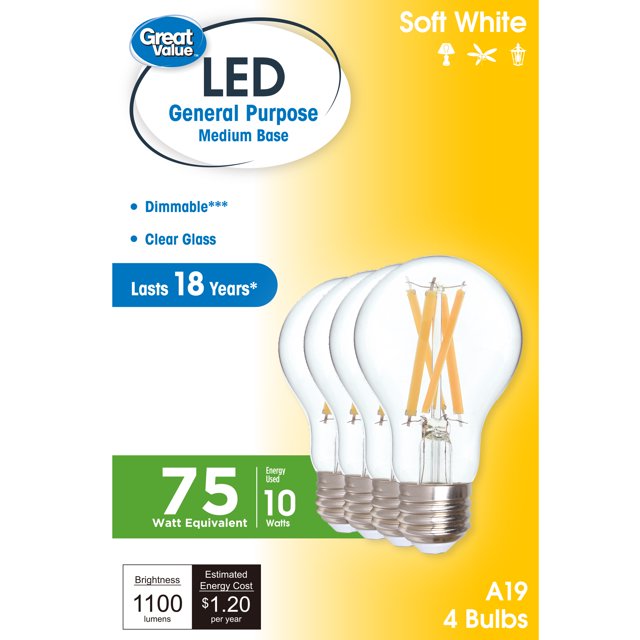 Great Value 18YR A19 LED Light Bulb, 10W (75W Equivalent) Dimmable Soft ...