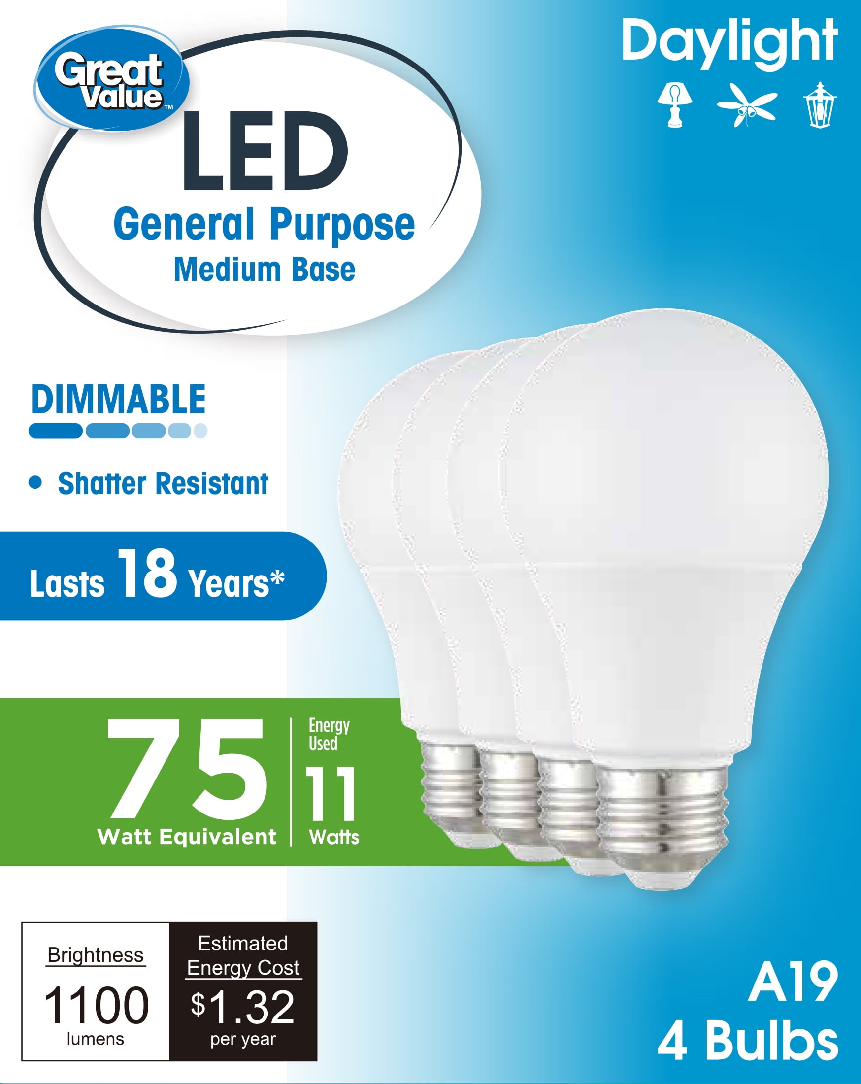 Great Value 18YR A19 LED Light Bulb, 11W (75W Equivalent) Dimmable ...