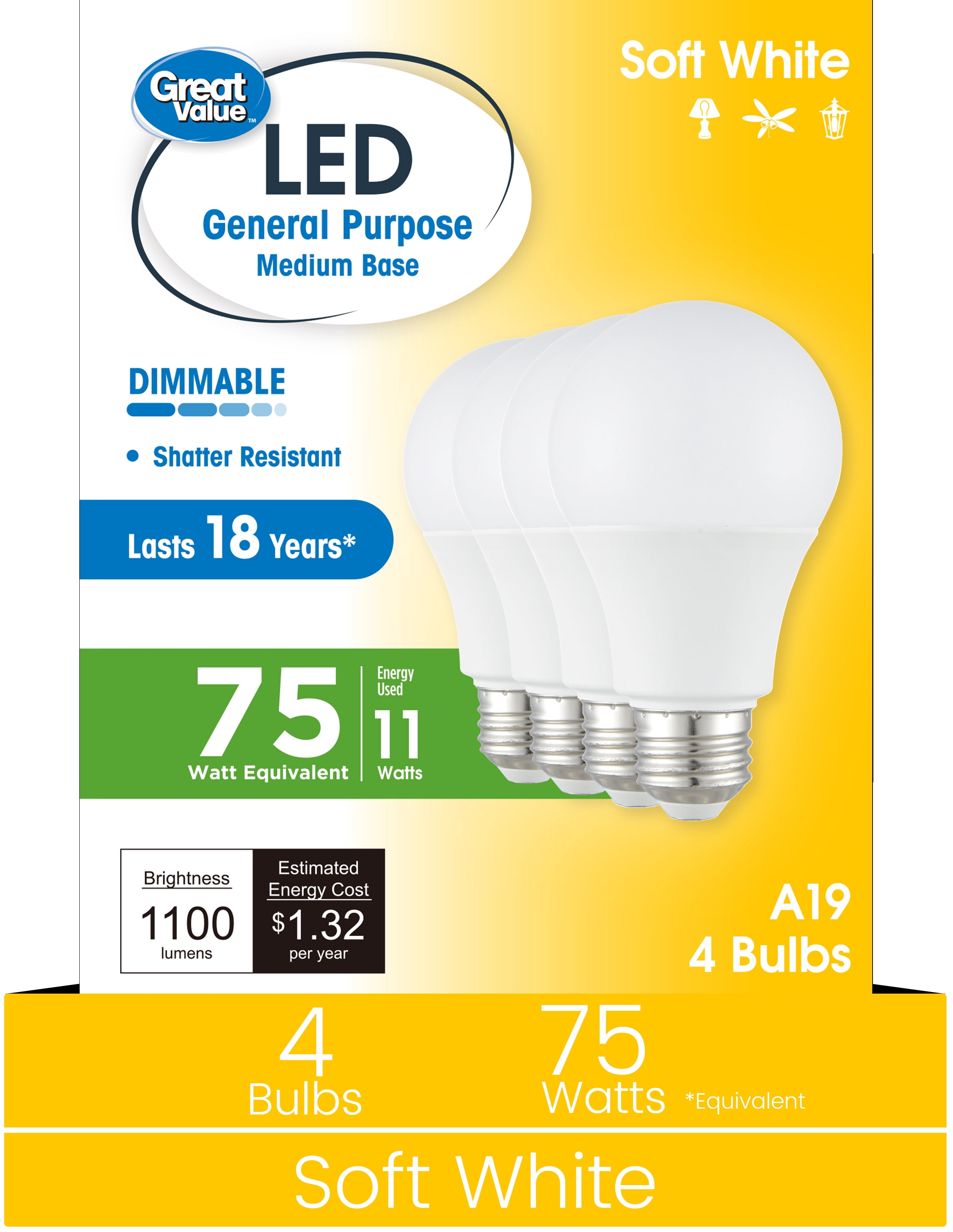 Great Value 18YR A19 LED Light Bulbs, 11W 75W Equivalent, Dimmable ...