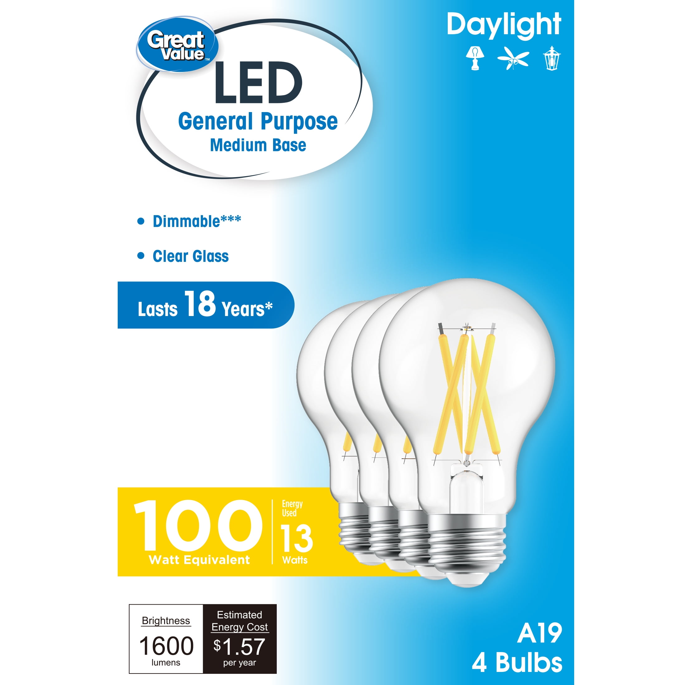 Great Value 18YR A19 LED Light Bulb, 13W (100W Equivalent) Dimmable ...