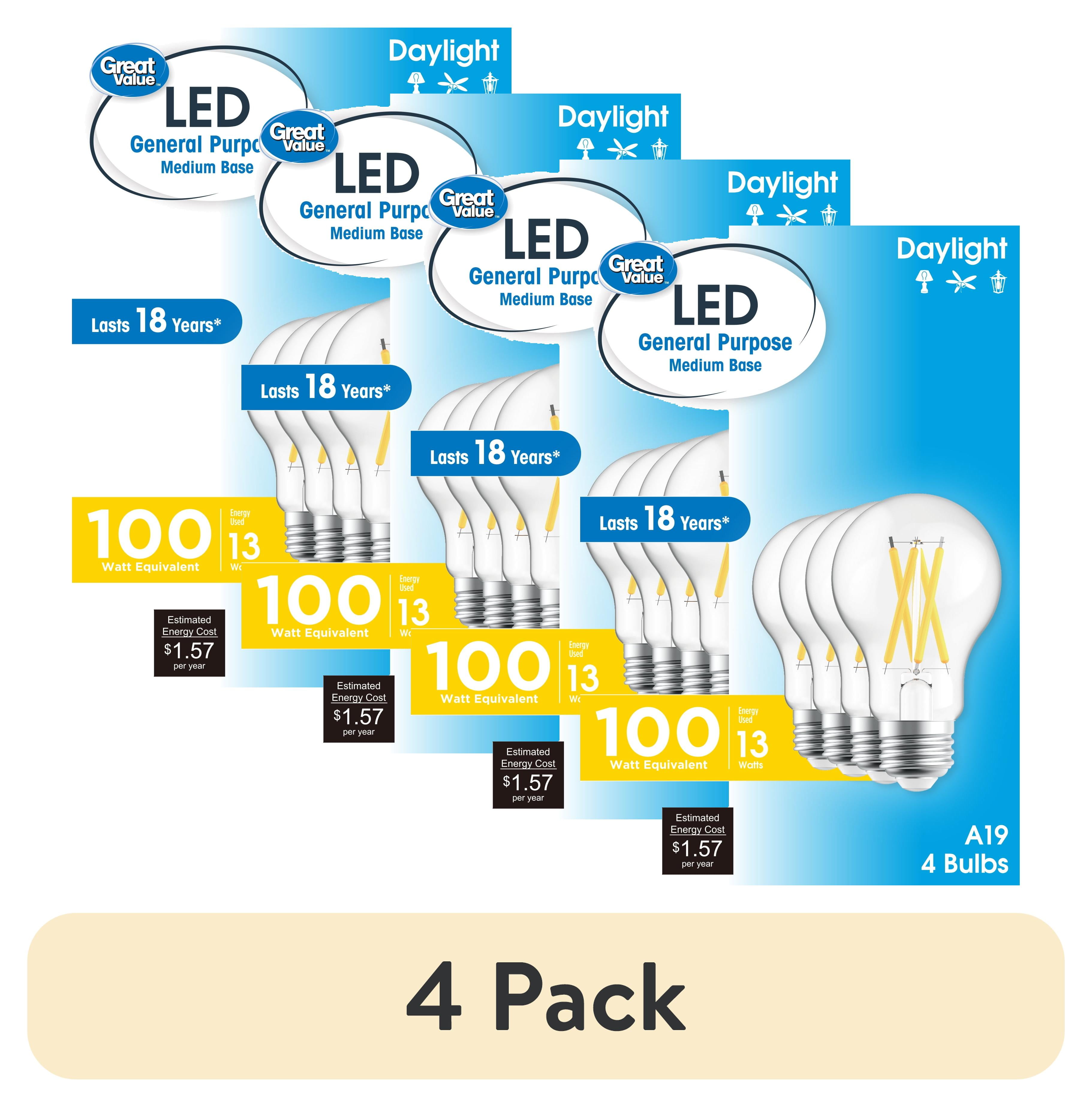 (4 pack) Great Value 18YR A19 LED Light Bulb, 13W (100W Equivalent) Dimmable Daylight E26 Medium ...