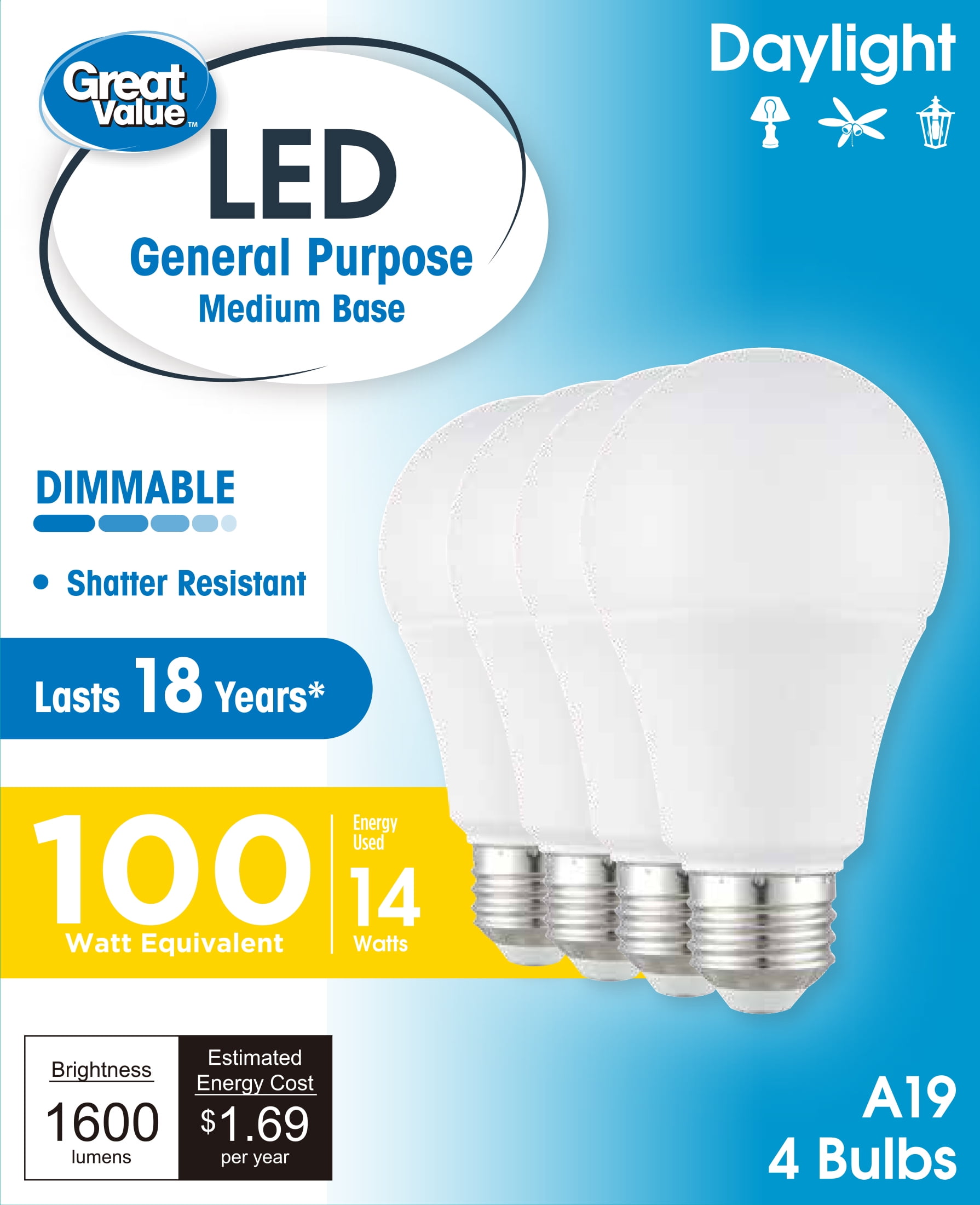 Great Value 18YR A19 LED Bulb, 13-Watt (100W Equivalent) E26 Base ...