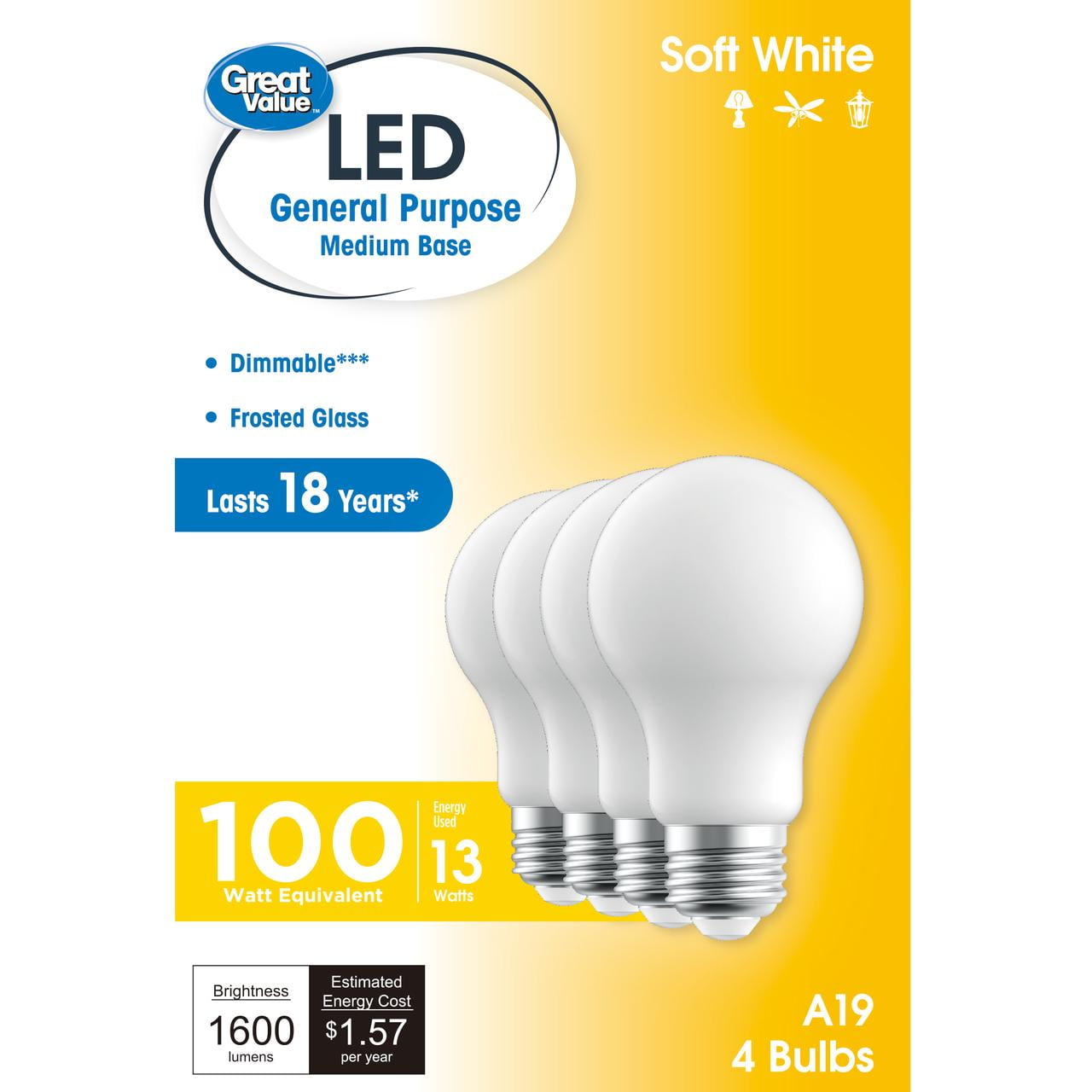 Great Value 18YR A19 LED Light Bulb, 13W (100W Equivalent) Dimmable Soft White E26 Base (4 Pack ...