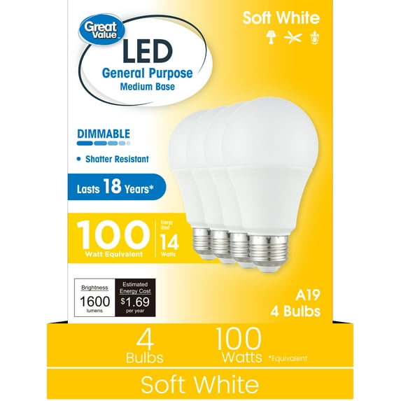 Great Value A19 LED Light Bulb, 13W 100W Equivalent, Dimmable Soft ...