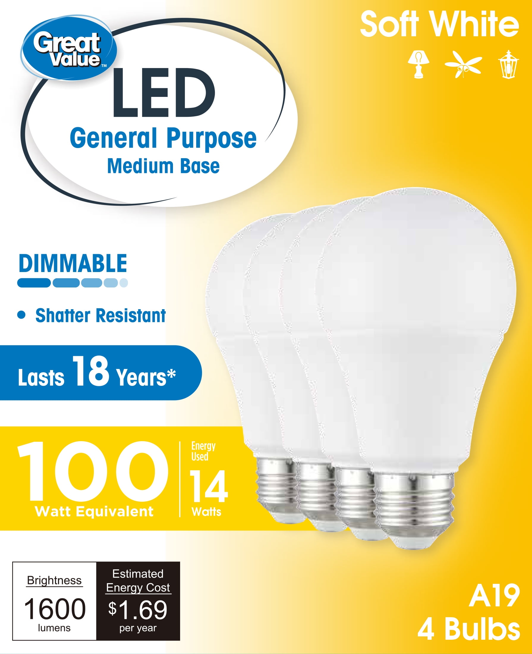 Great Value 18YR A19 LED Bulb, 13-Watt (100W Equivalent) E26 Base ...