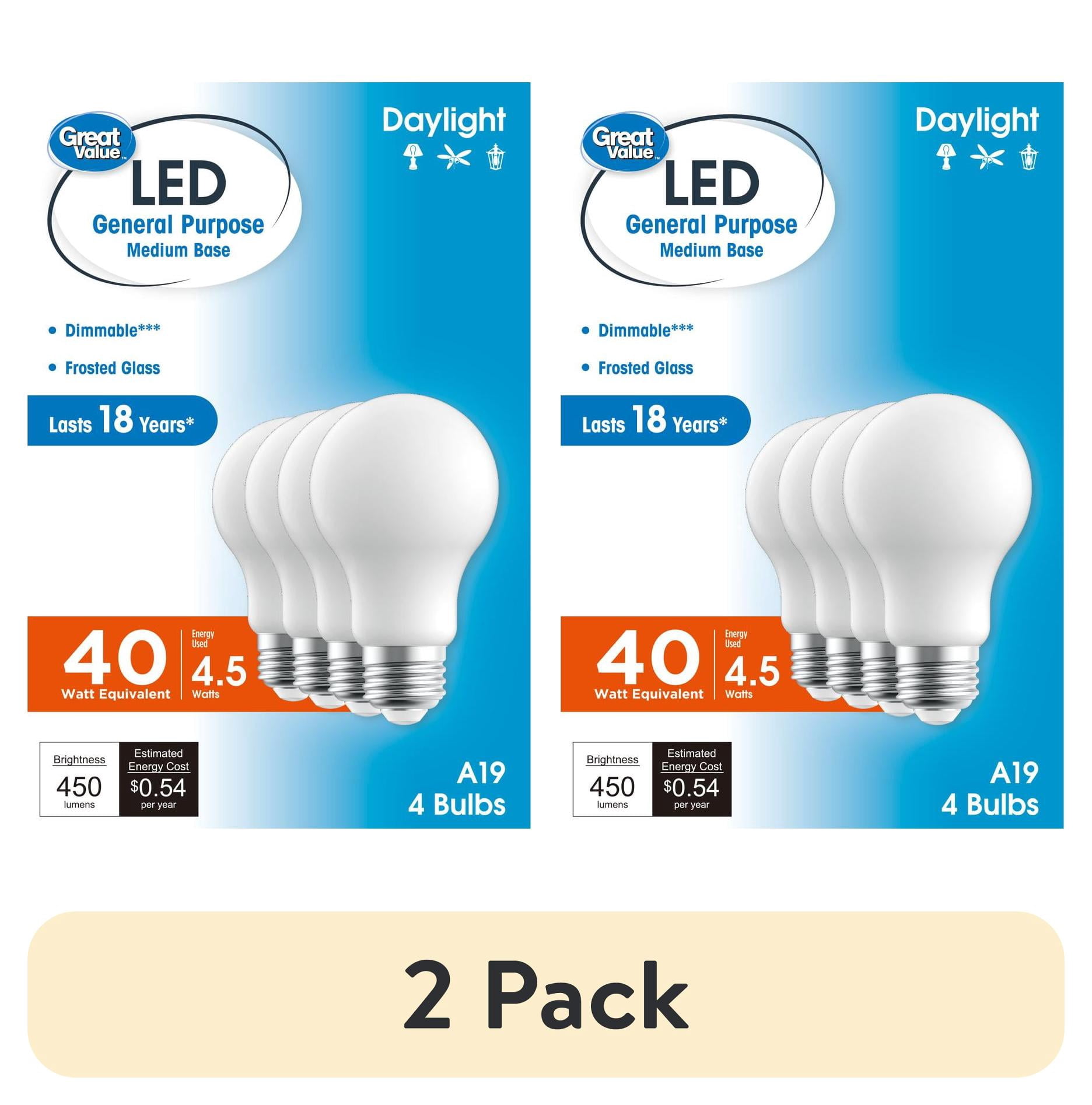 (2 pack) Great Value A19 LED Light Bulb, 4.5W (40W Equivalent) Dimmable ...