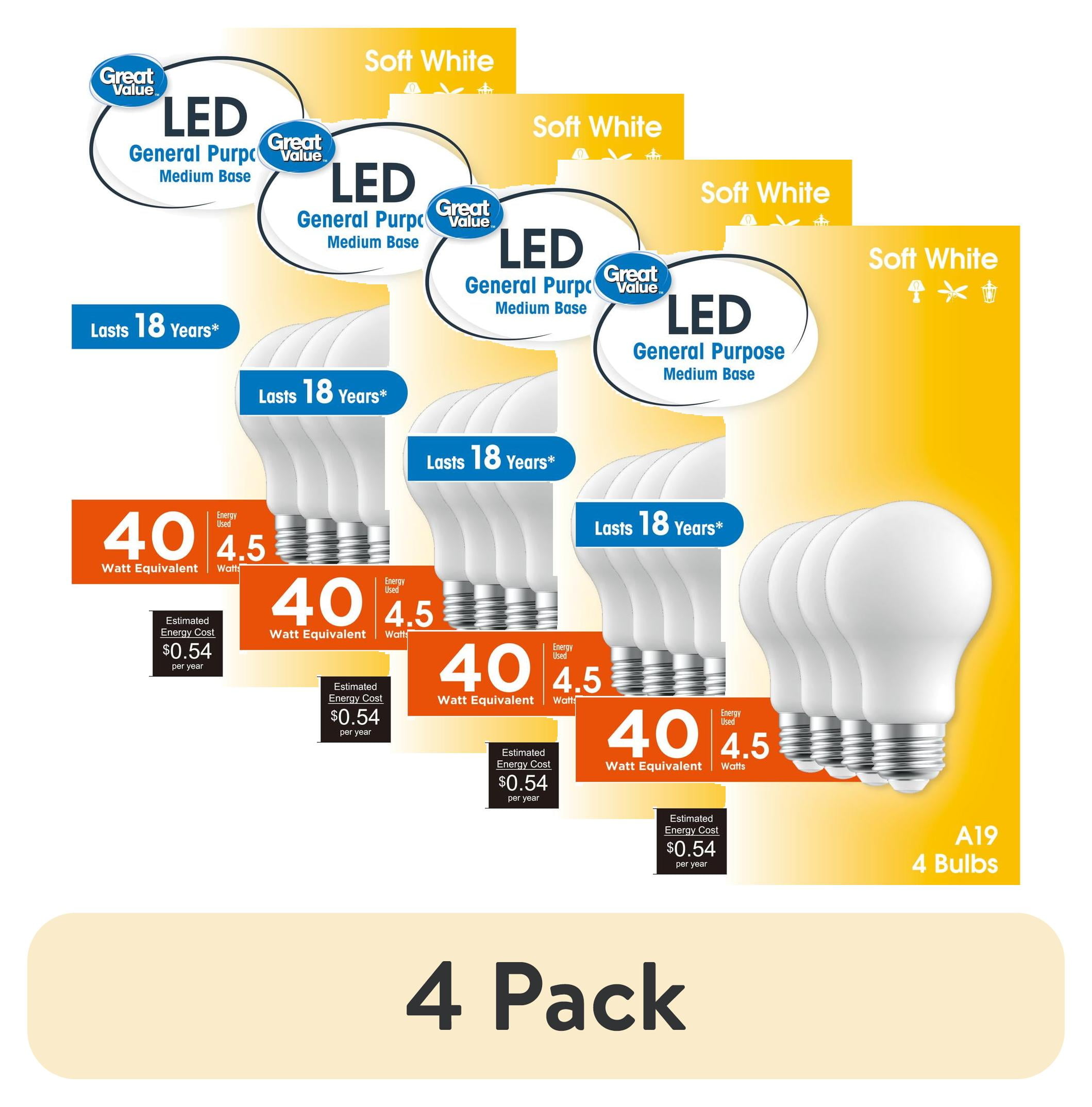 (4 pack) Great Value 18YR A19 LED Light Bulb, 4.5W (40W Equivalent) Dimmable Soft White E26 Base ...