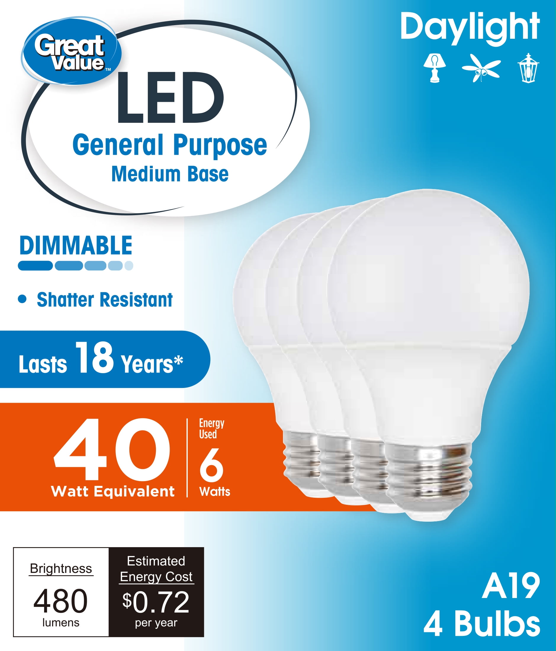 Great Value 18YR A19 LED Light Bulb, 6W (40W Equivalent) Dimmable ...