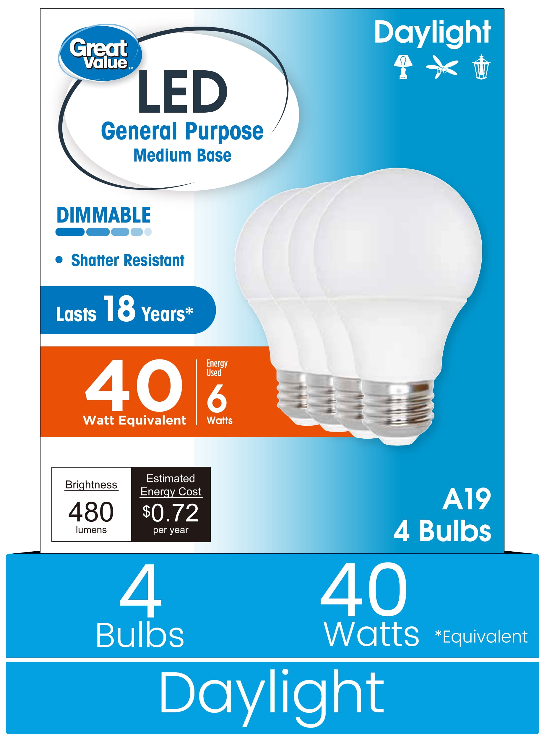 Great Value 18YR A19 LED Light Bulb, 6W 40W Equivalent, Dimmable ...