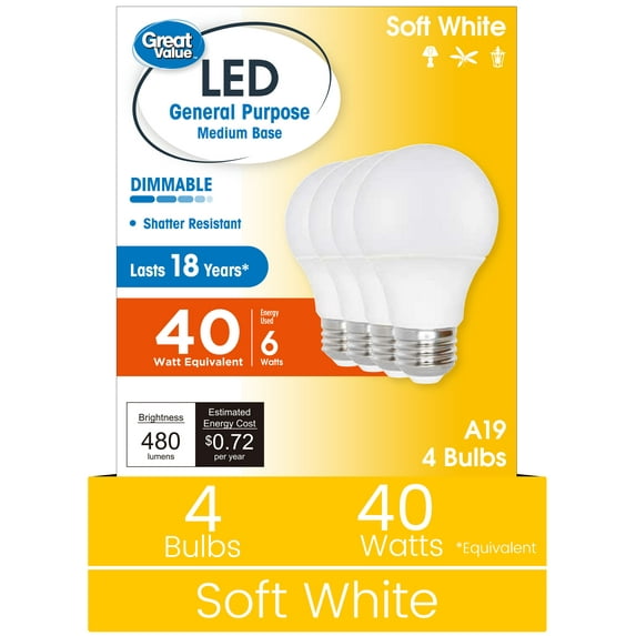 Great Value 18YR A19 LED Light Bulb, 6W (40W Equivalent) Dimmable Soft White E26 Medium Base, 4 ...