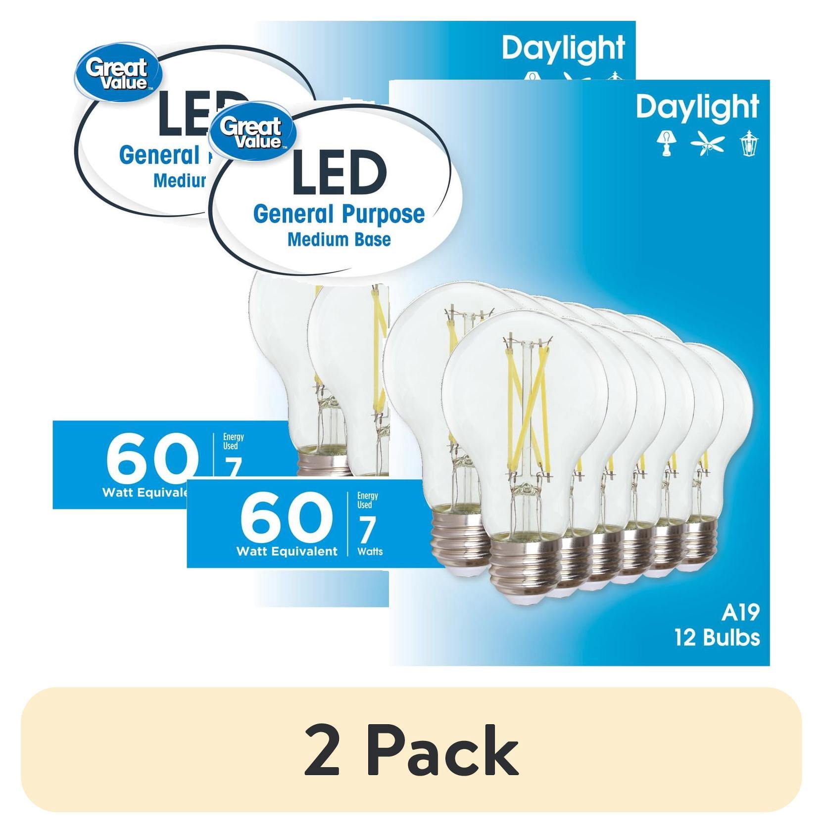 (2 pack) Great Value A19 LED Light Bulb, 7W (60W Equivalent) Dimmable ...