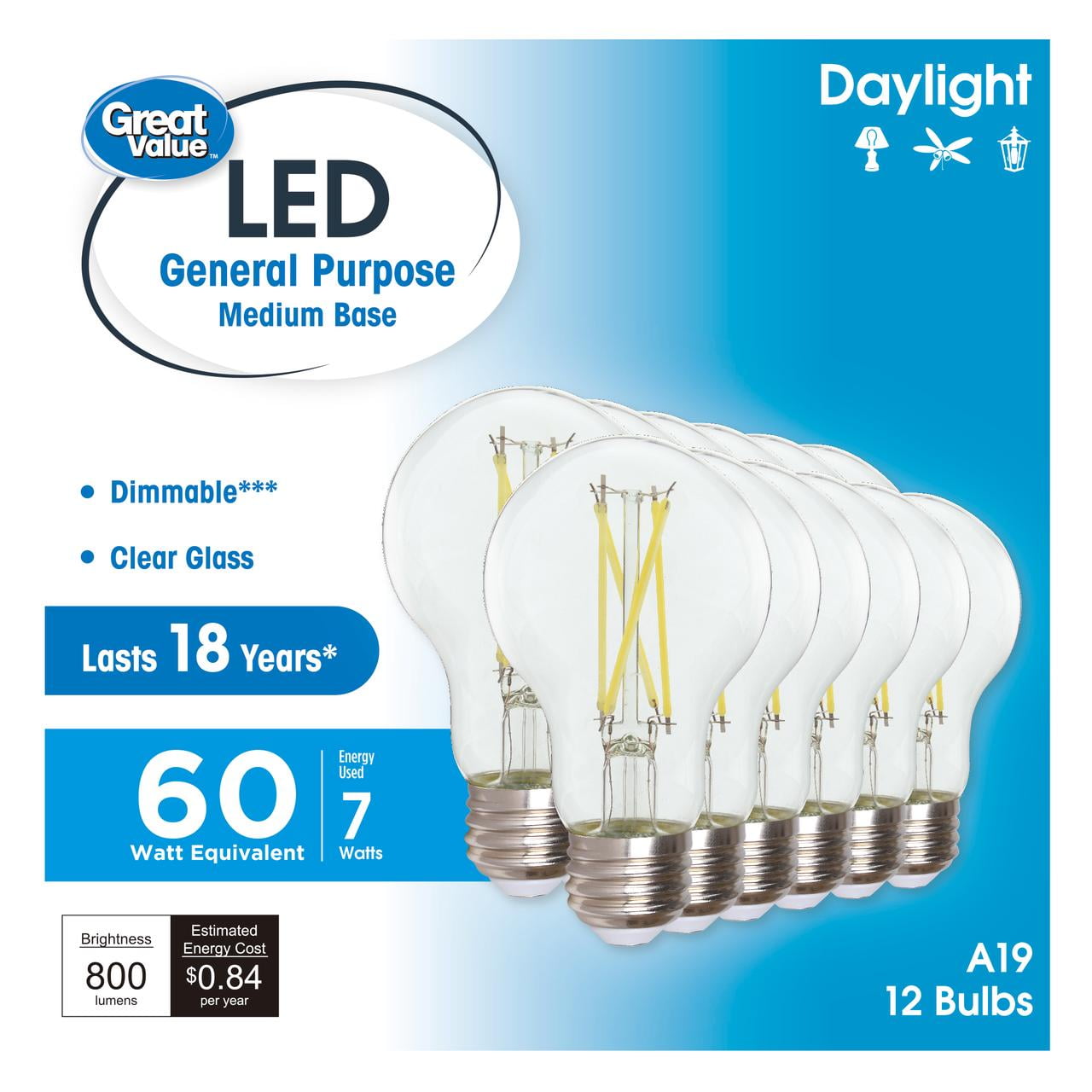 Great Value 18YR A19 LED Light Bulb, 7W (60W Equivalent) Dimmable ...