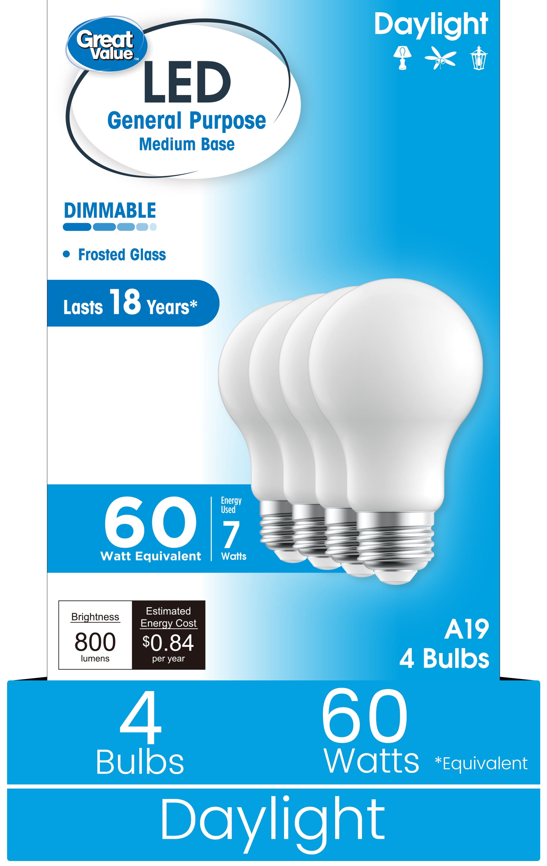 Great Value 18YR A19 LED Light Bulb, 7W Dimmable Daylight, E26 Medium ...