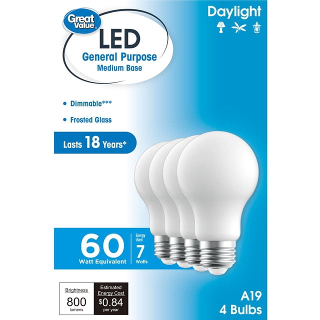 Great Value 18YR A19 LED Light Bulb, 7W (60W Equivalent) Dimmable ...