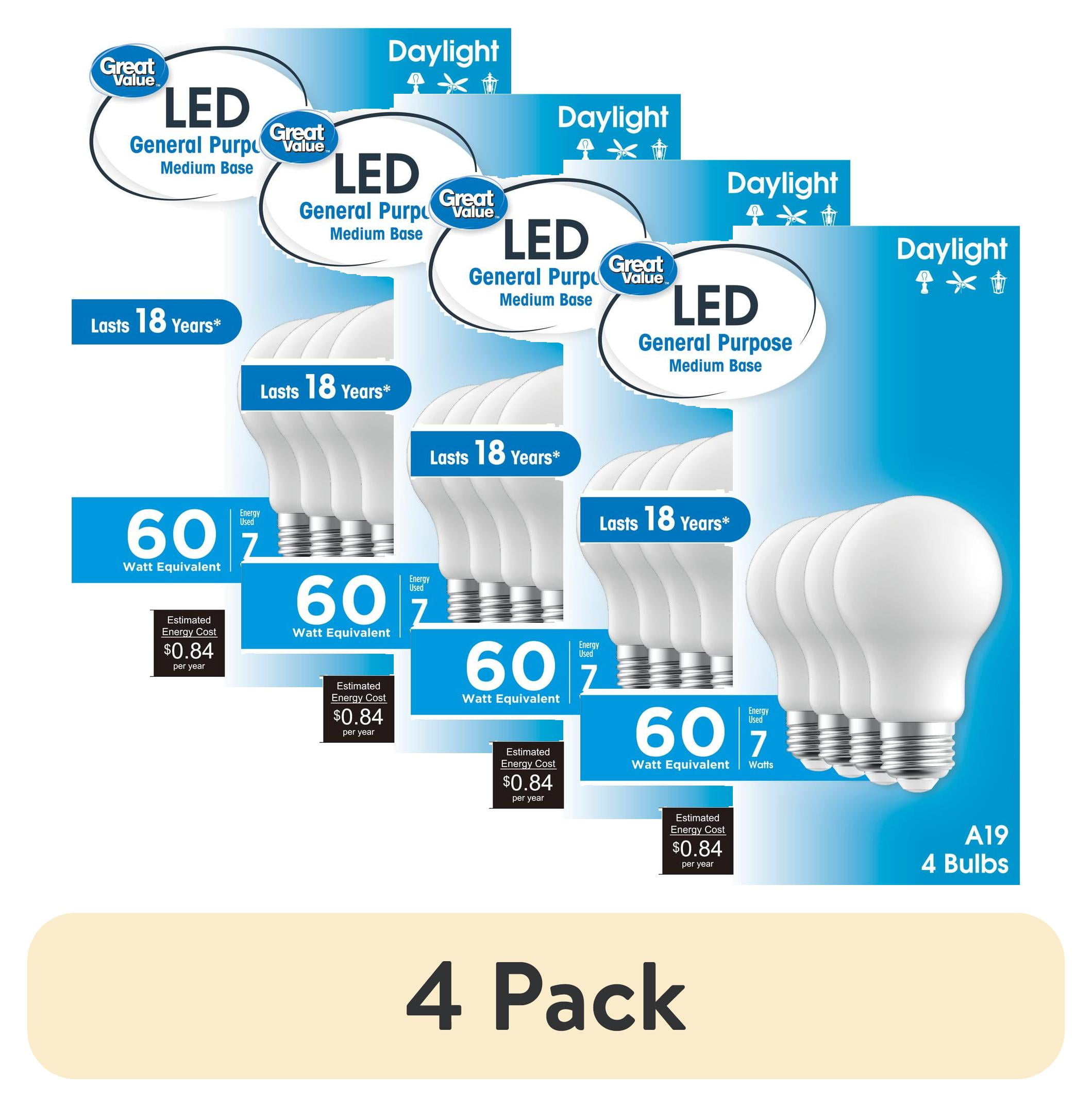 (4 pack) Great Value 18YR A19 LED Light Bulb, 7W (60W Equivalent) Dimmable Daylight E26 Medium ...