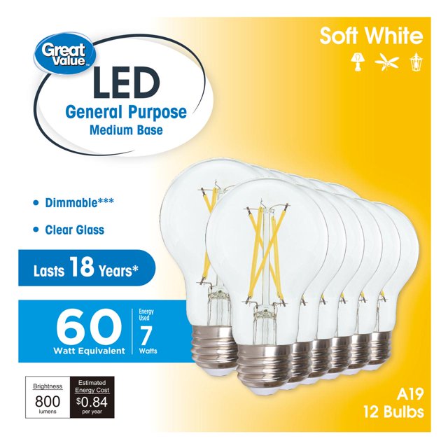 Great Value 18YR A19 LED Light Bulb, 7W (60W Equivalent) Dimmable Soft ...