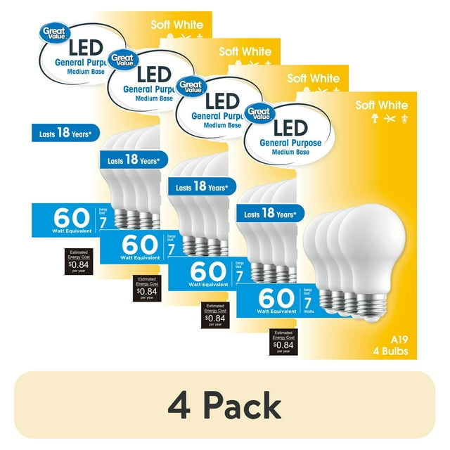 (4 pack) Great Value A19 LED Light Bulb, 7W (60W Equivalent) Dimmable ...