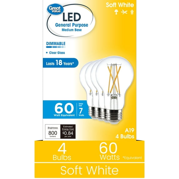 Great Value LED A19 Light Bulb 7W Dimmable Soft White E26 4 Pack 60W ...